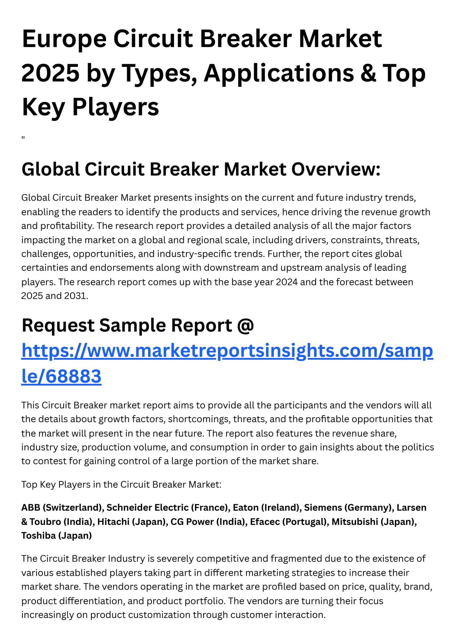 Europe Circuit Breaker Market 2025 by Types, Applications & Top Key ...