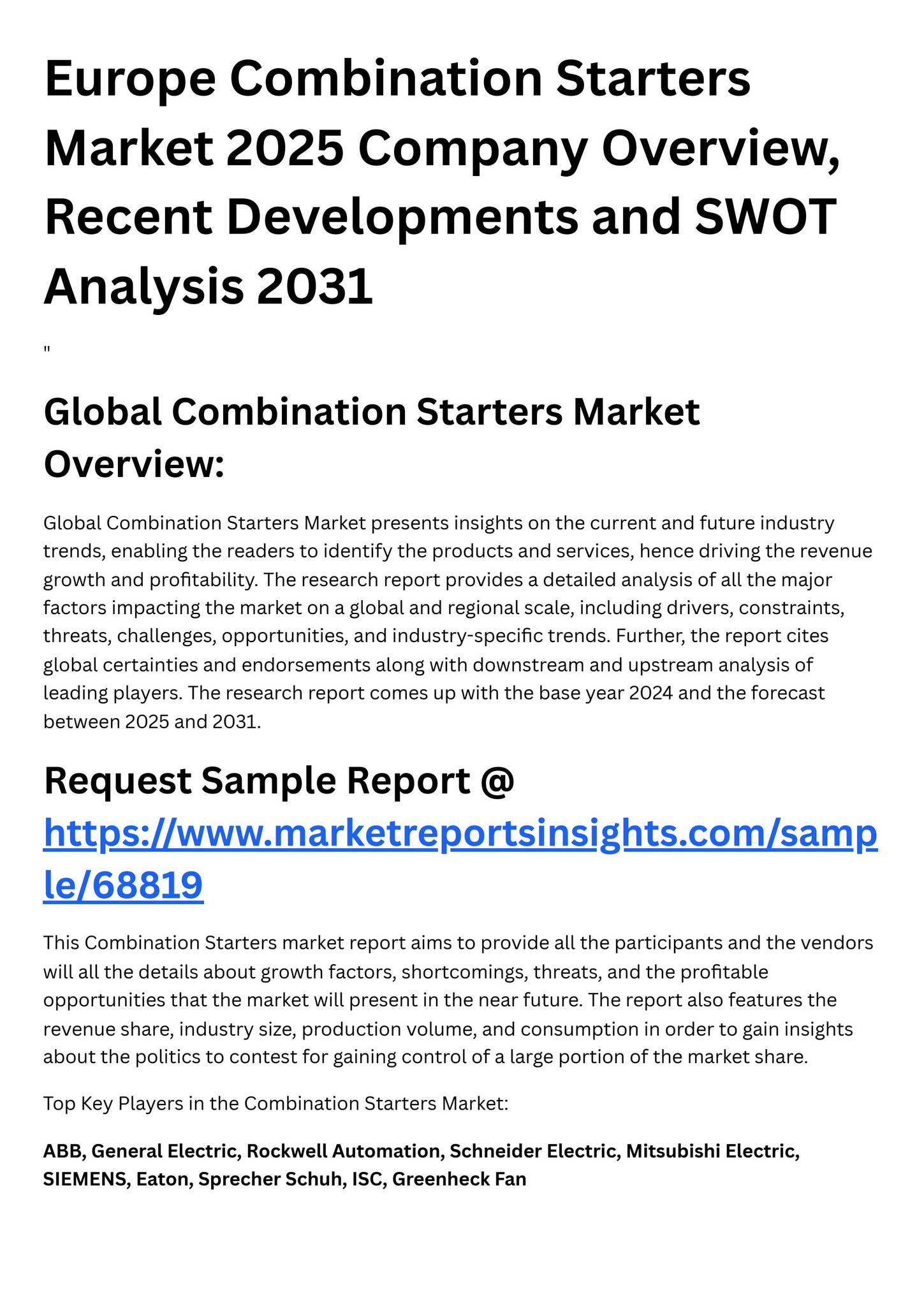 Europe Combination Starters Market 2025 Company Overview, Recent ...