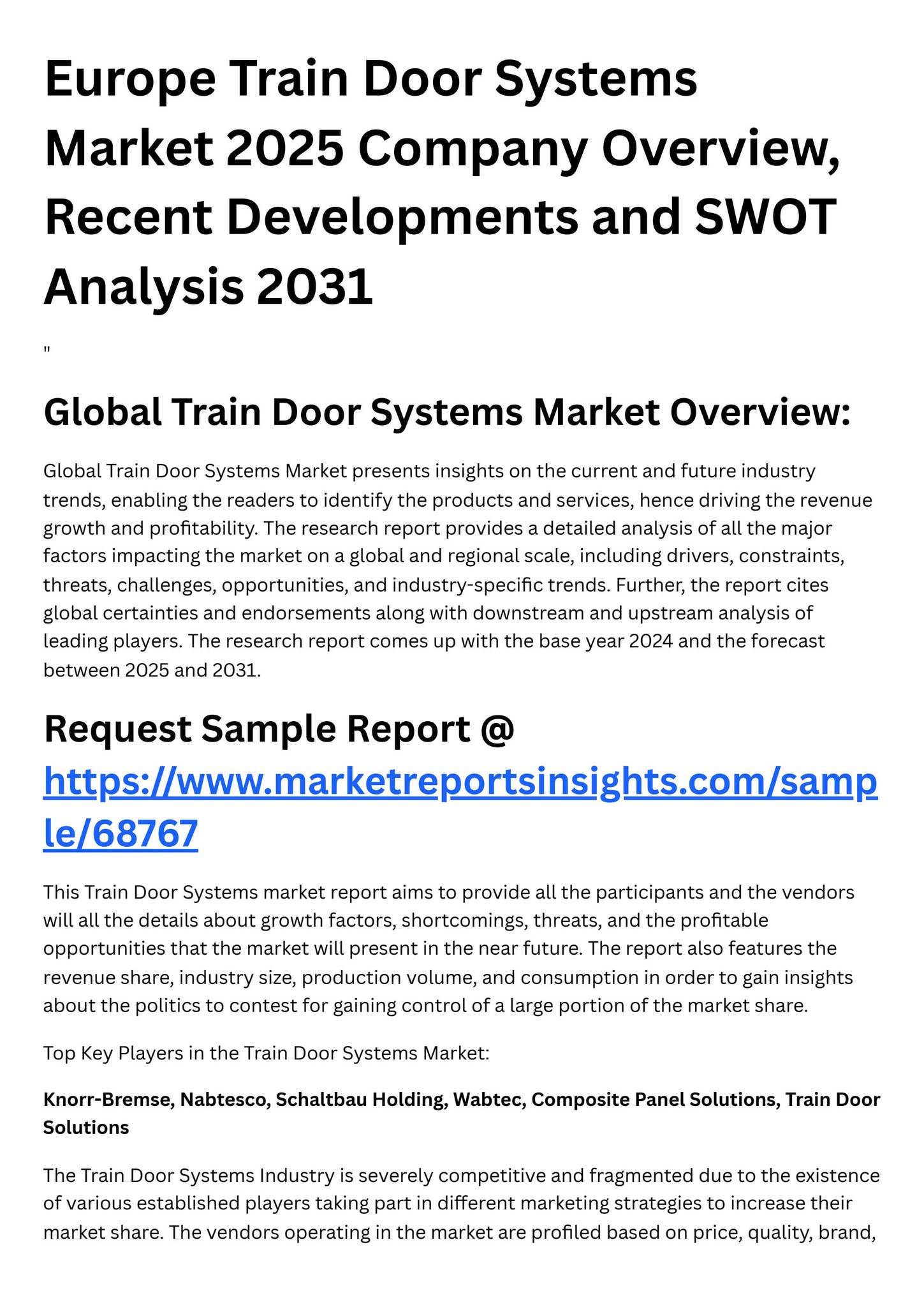 Europe Train Door Systems Market 2025 Company Overview, Recent Developments and SWOT Analysis ...