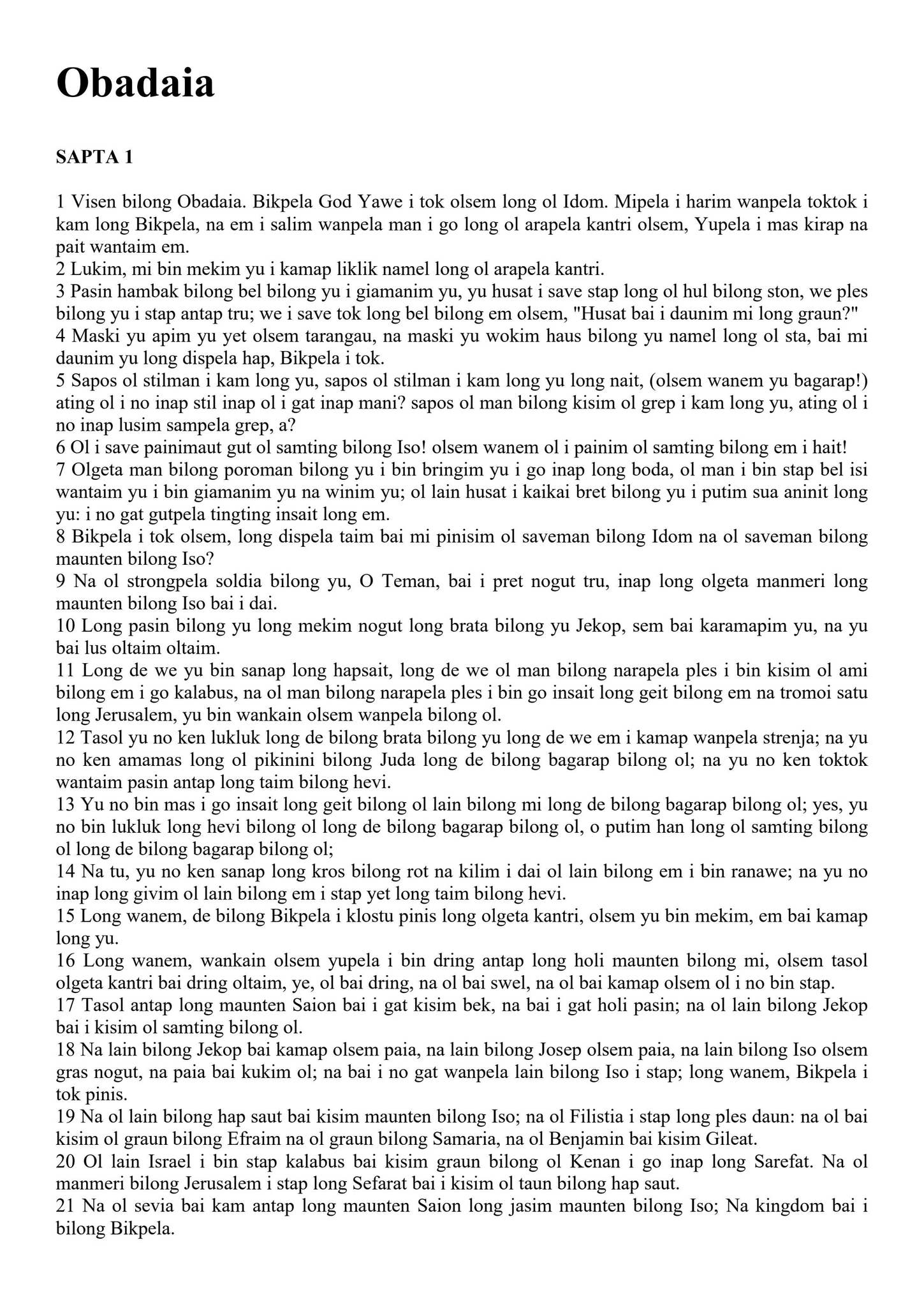 Tok Pisin - The Book of the Prophet Obadiah by Filipino Tracts and ...