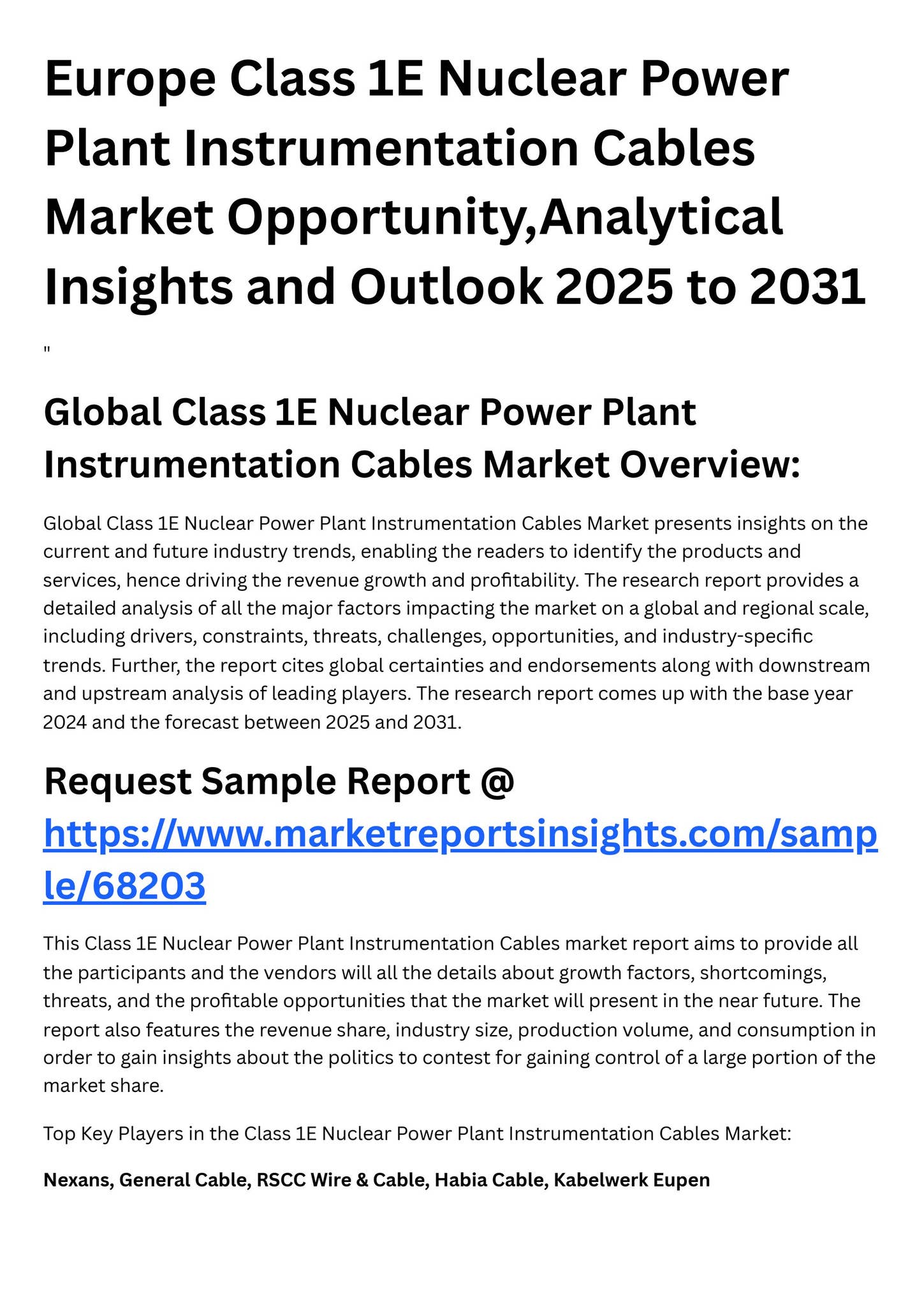 Europe Class 1E Nuclear Power Plant Instrumentation Cables Market ...