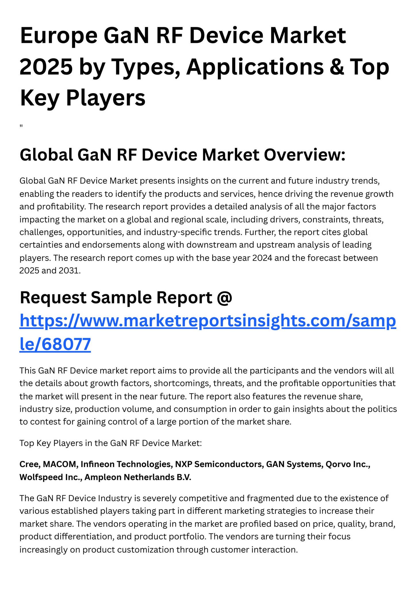 Europe GaN RF Device Market 2025 by Types, Applications & Top Key ...