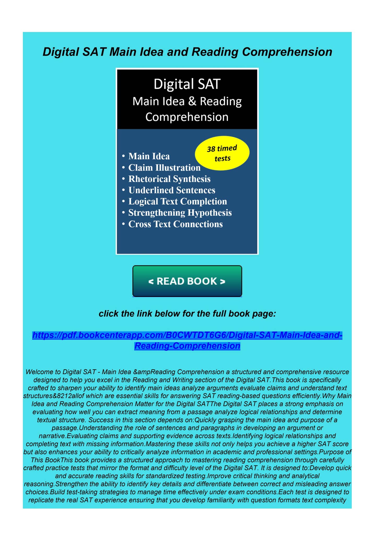 PDF Read Digital SAT Main Idea and Reading Comprehension by ...
