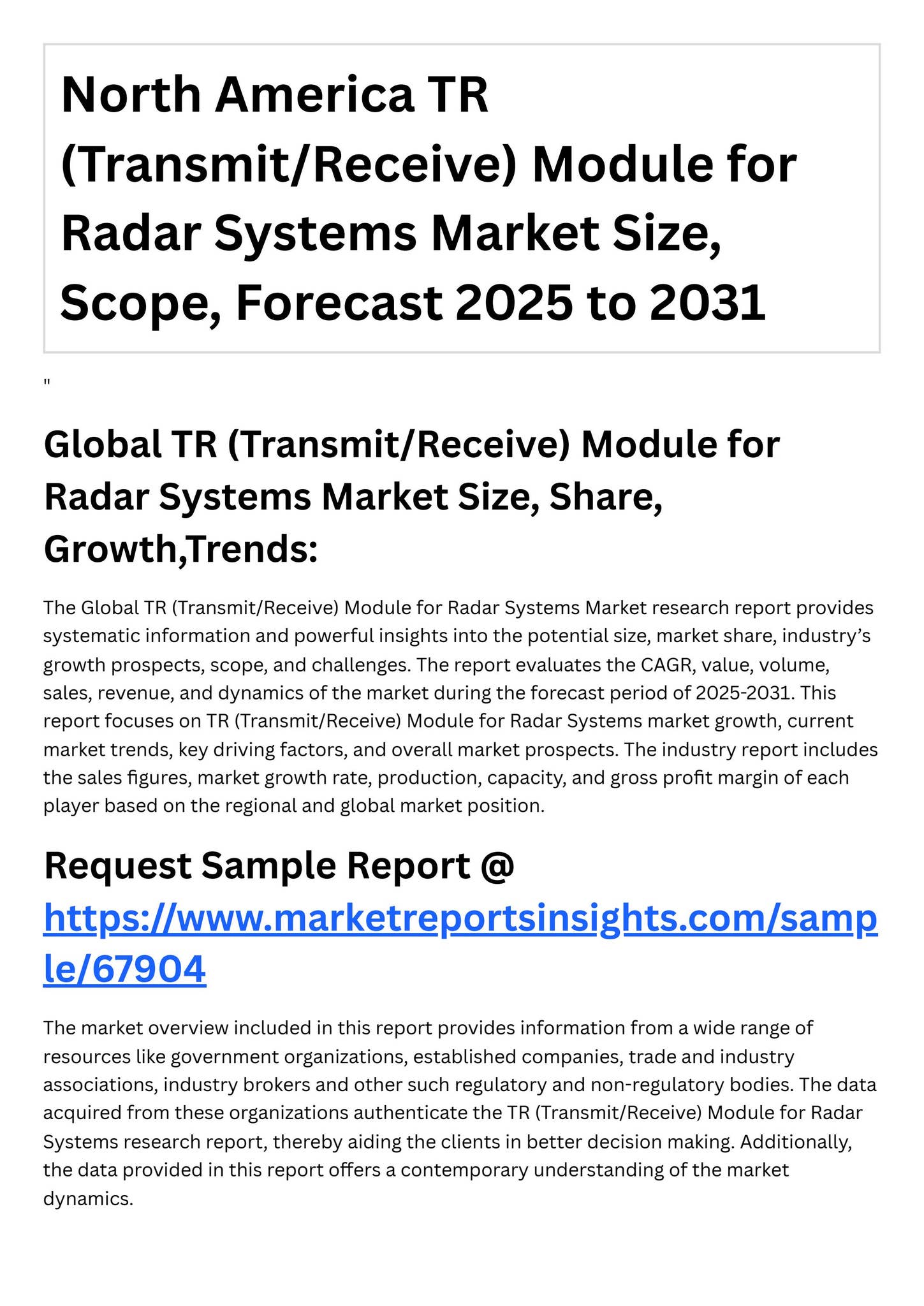 North America TR (Transmit/Receive) Module for Radar Systems Market ...