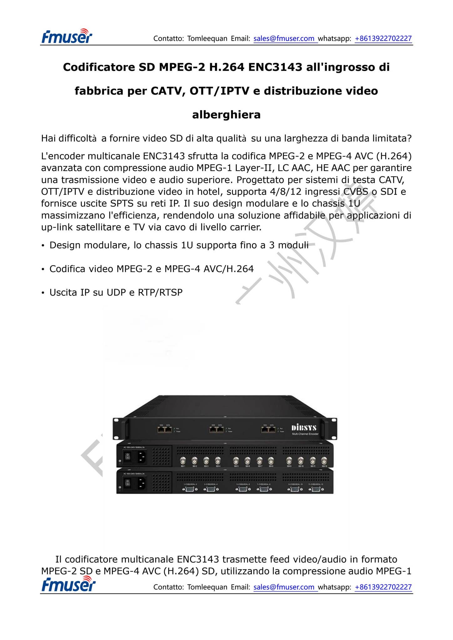 Codificatore SD MPEG-2 H.264 ENC3143 all'ingrosso per CATV, OTT/IPTV e distribuzione video ...