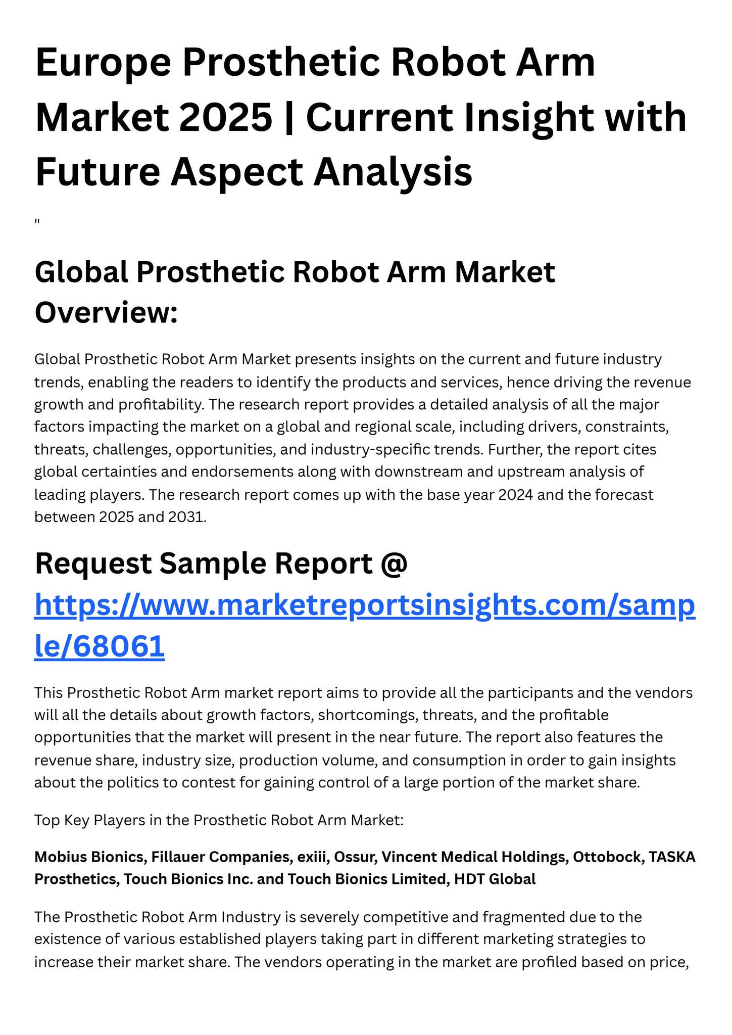 Europe Prosthetic Robot Arm Market 2025 Current Insight with Future ...