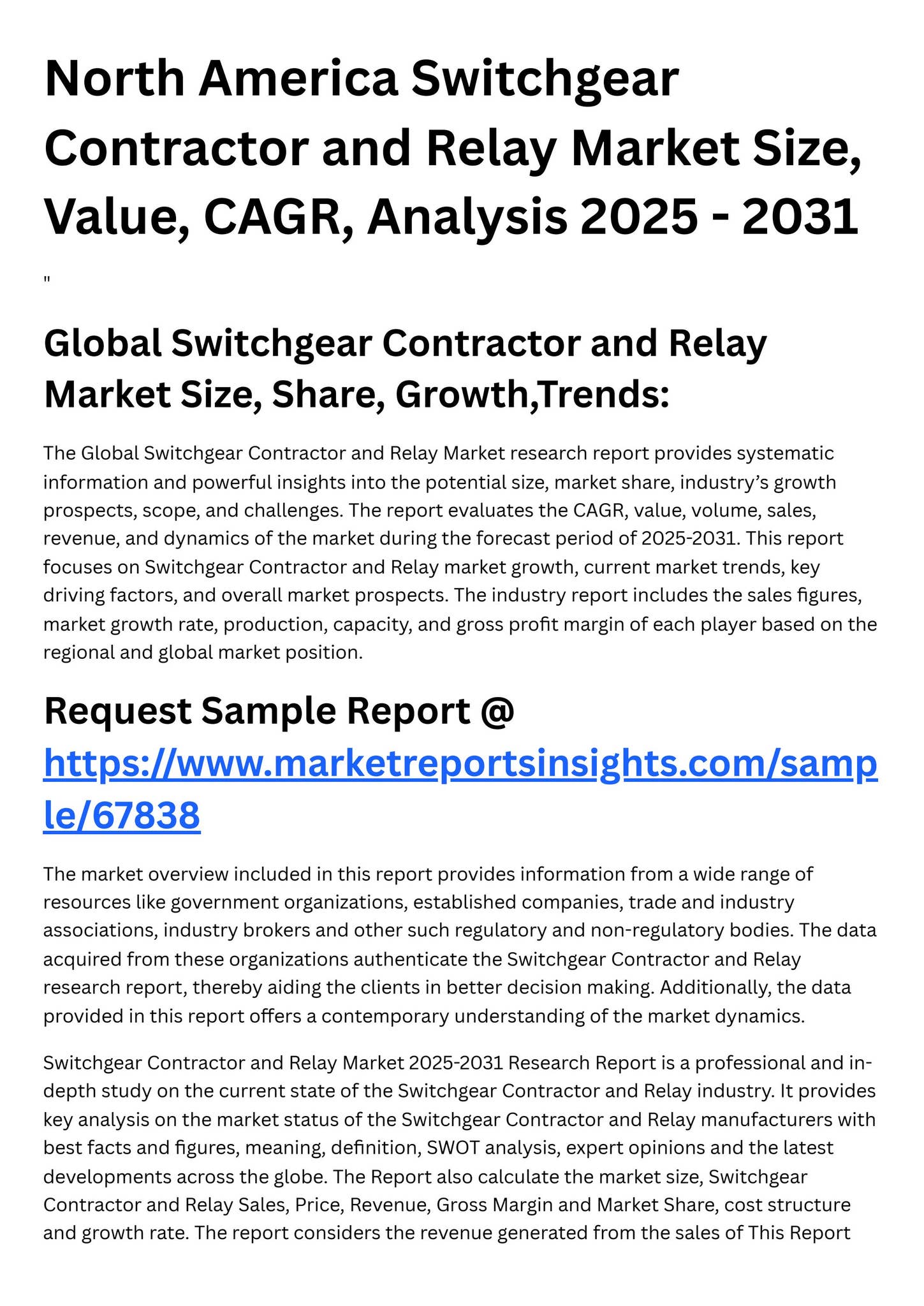 North America Switchgear Contractor and Relay Market Size, Value, CAGR ...