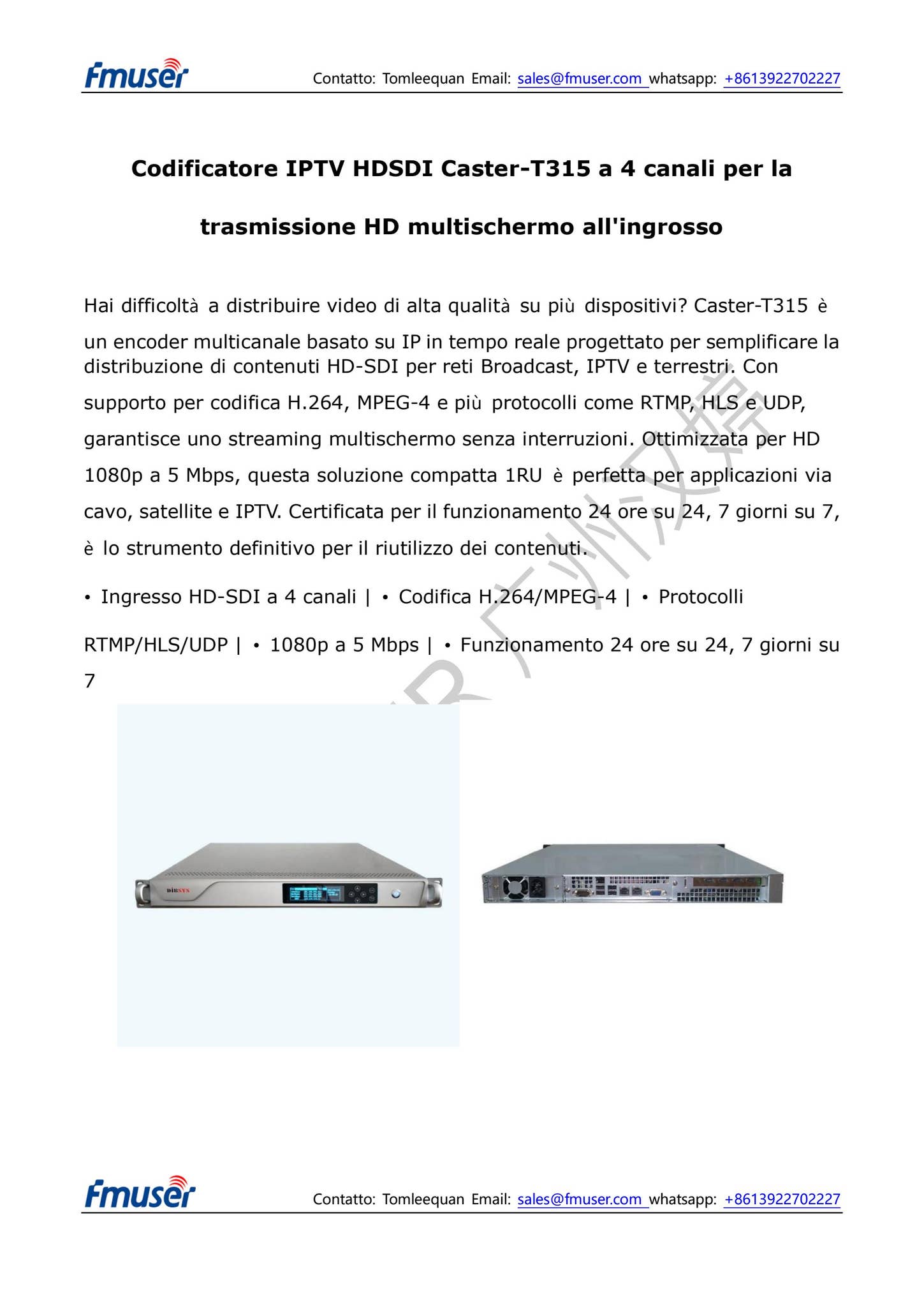 Codificatore IPTV HDSDI Caster-T315 a 4 canali per la trasmissione HD ...