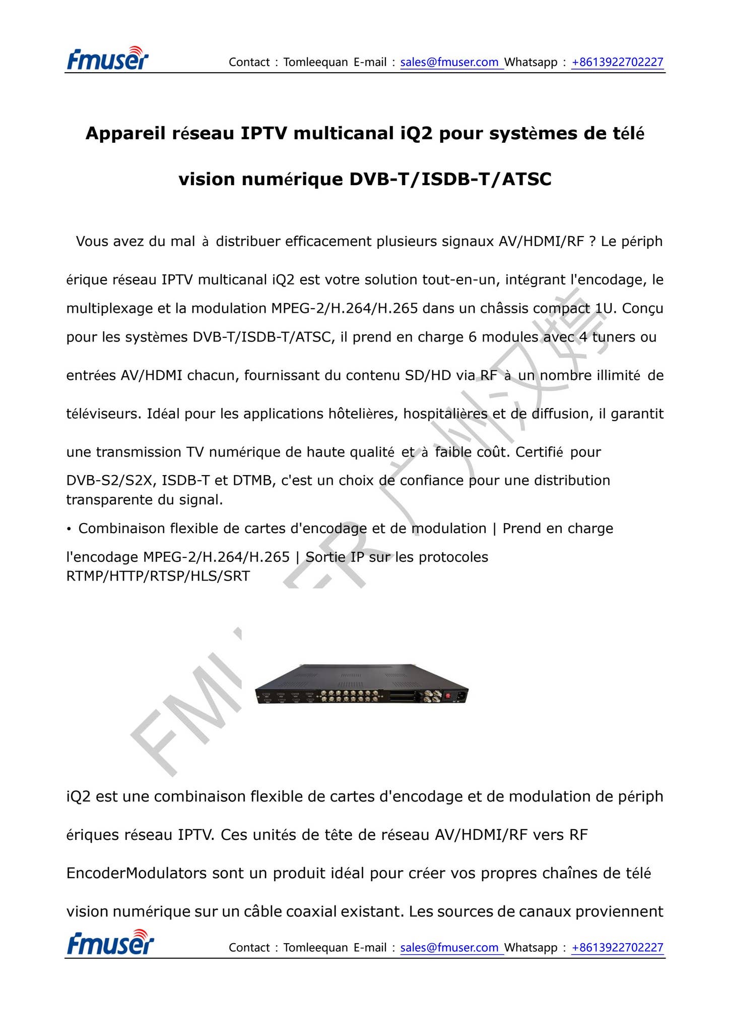 Appareil réseau IPTV multicanal iQ2 pour systèmes de télévision ...