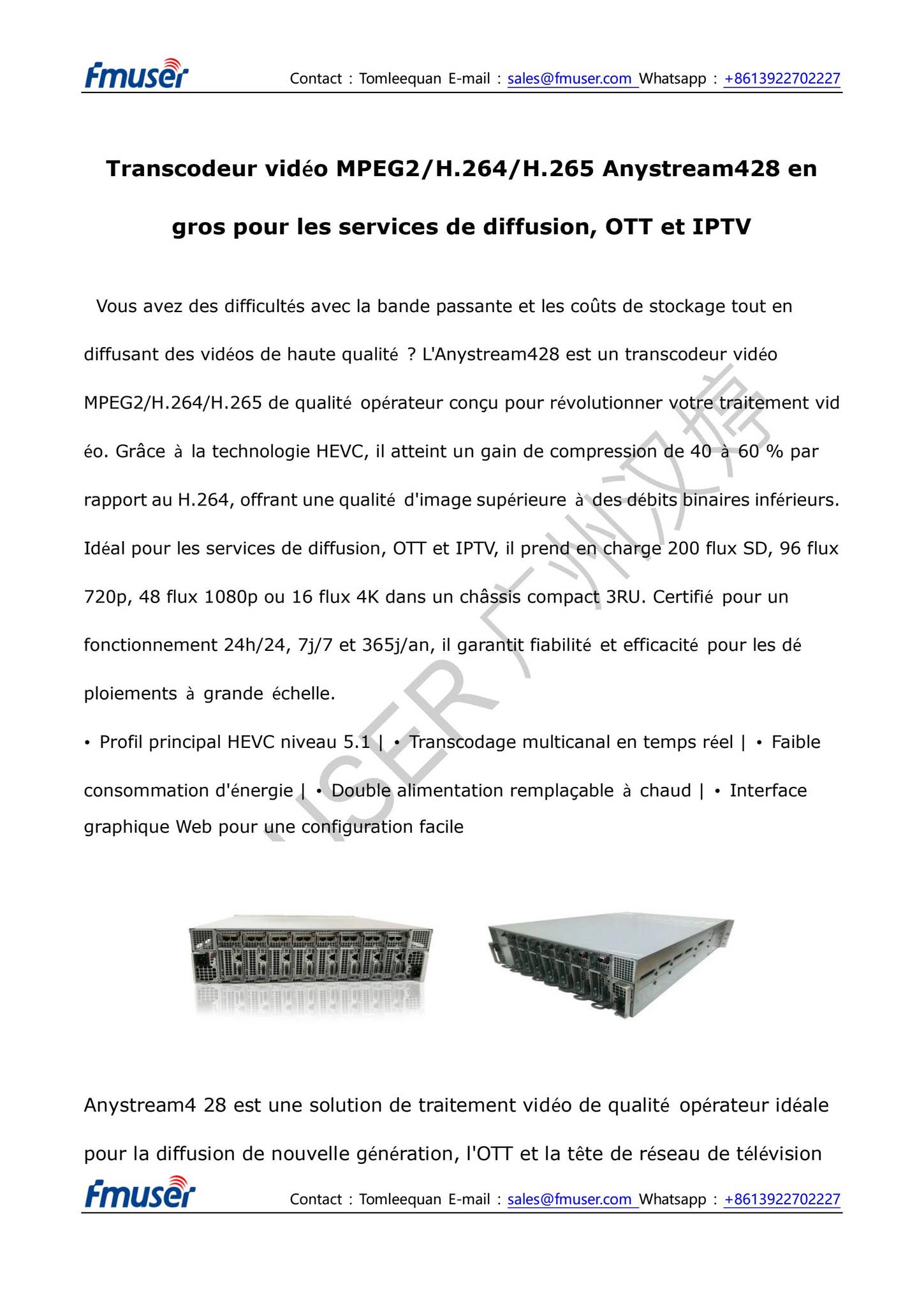 Transcodeur vidéo MPEG2/H.264/H.265 Anystream428, vente en gros, pour ...