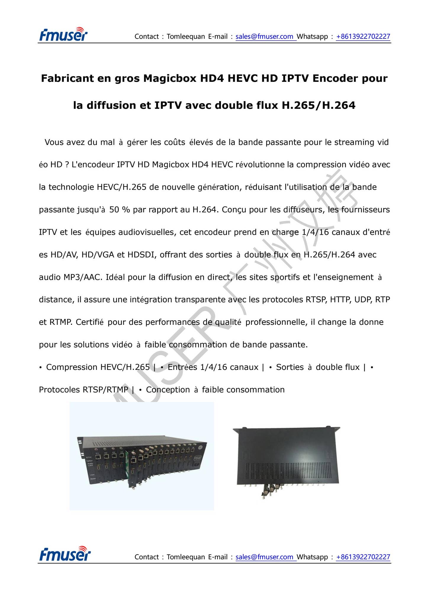 Encodeur IPTV HD HEVC Magicbox HD4 pour diffusion et IPTV avec double flux H.265/H.264 by FMUSER ...