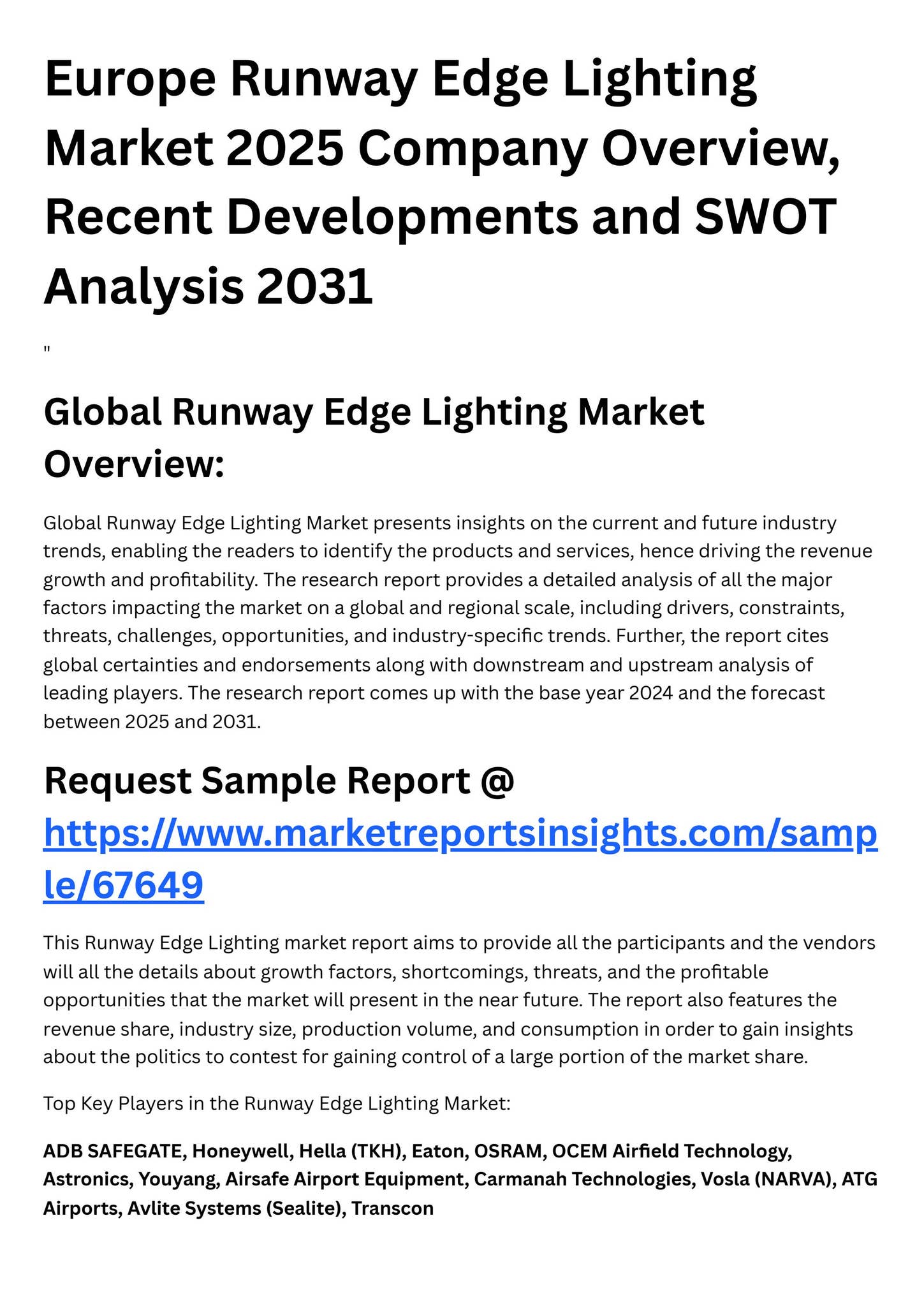 Europe Runway Edge Lighting Market 2025 Company Overview, Recent ...