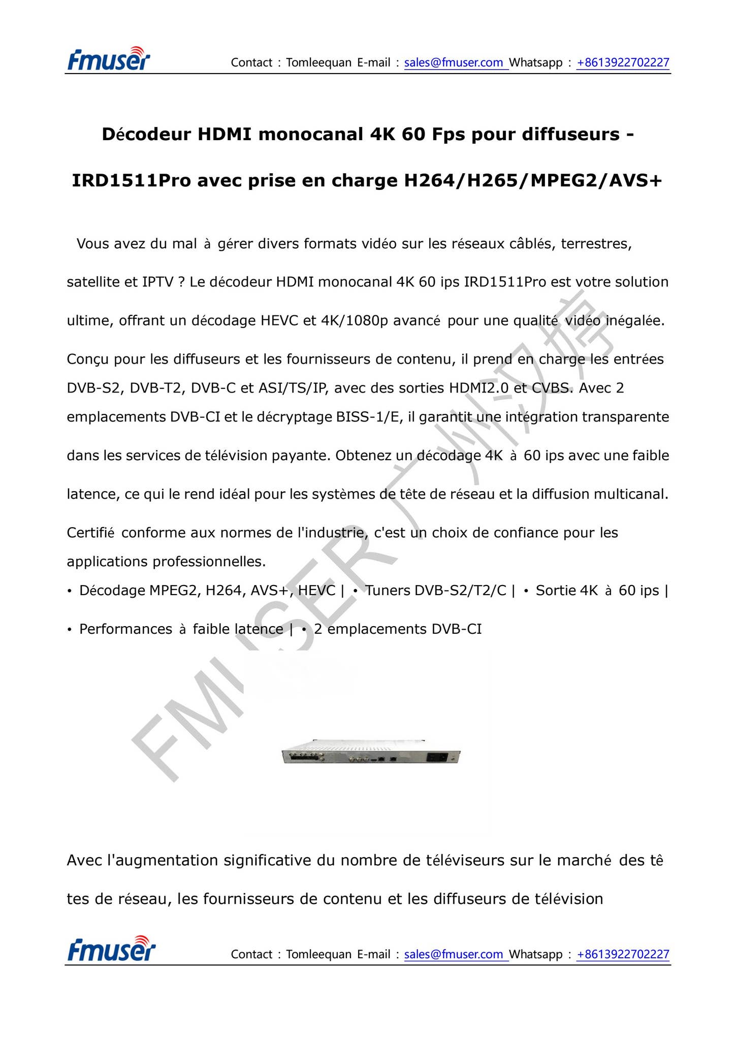 Décodeur HDMI monocanal 4K 60 ips pour diffuseurs - IRD1511Pro ...