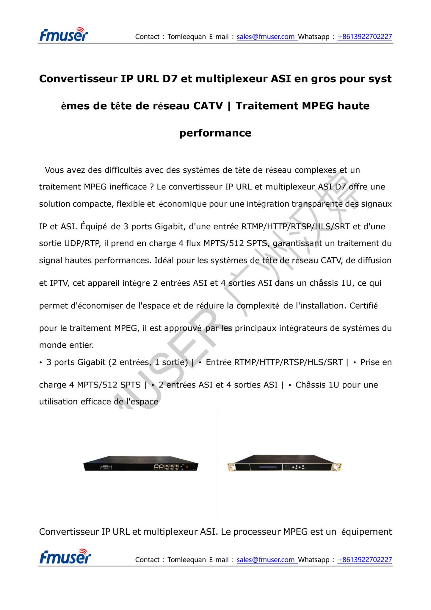 Convertisseur IP URL D7 et multiplexeur ASI pour têtes de réseau CATV ...