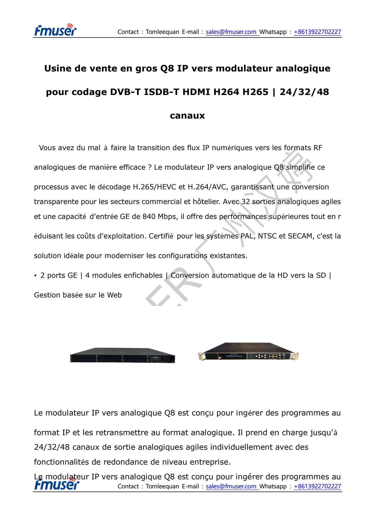 Modulateur IP vers analogique Q8, vente en gros, pour codage DVB-T ISDB ...