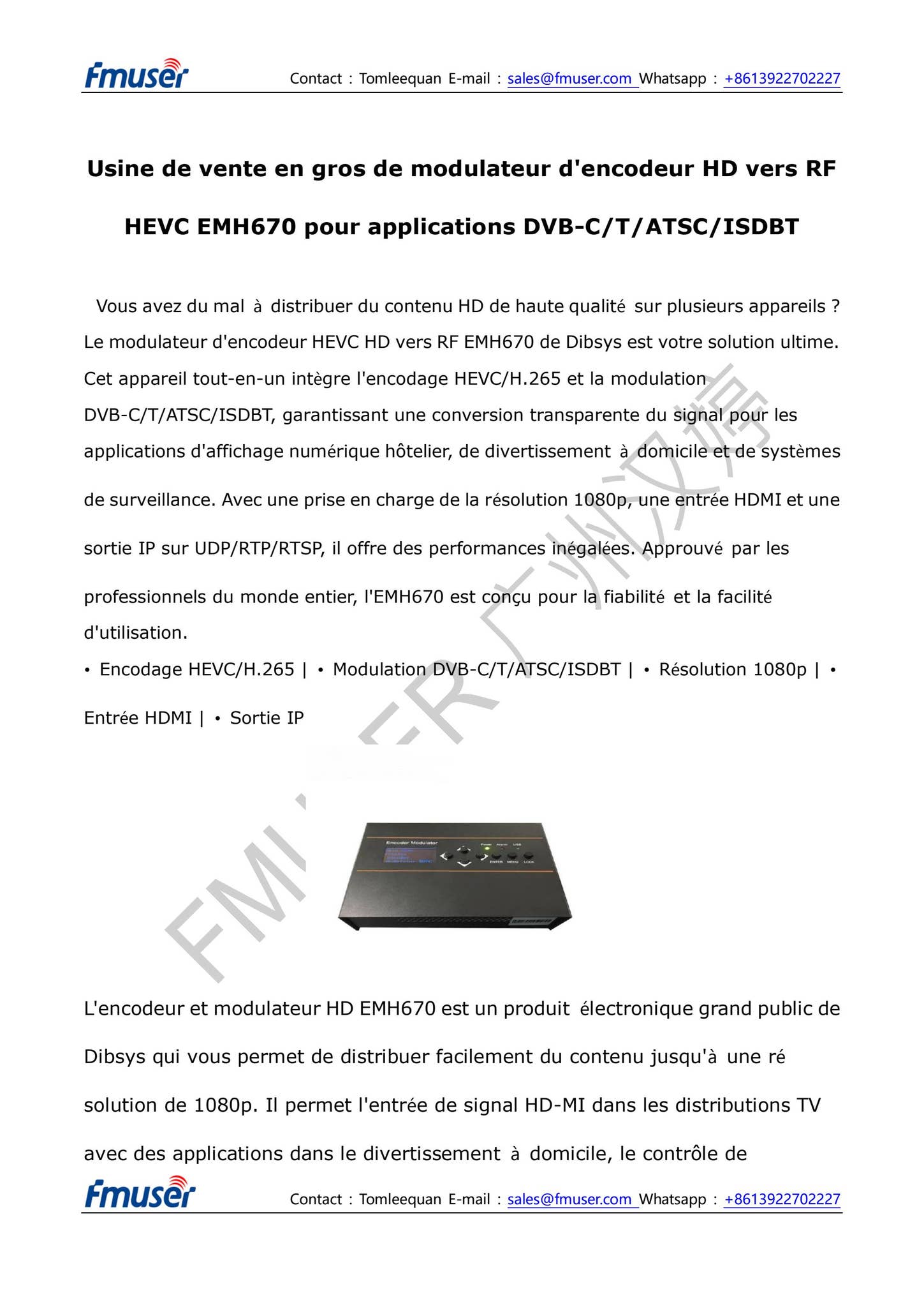 Encodeur modulateur HD vers RF HEVC EMH670, vente en gros, pour applications DVB-C/T/ATSC/ISDBT ...
