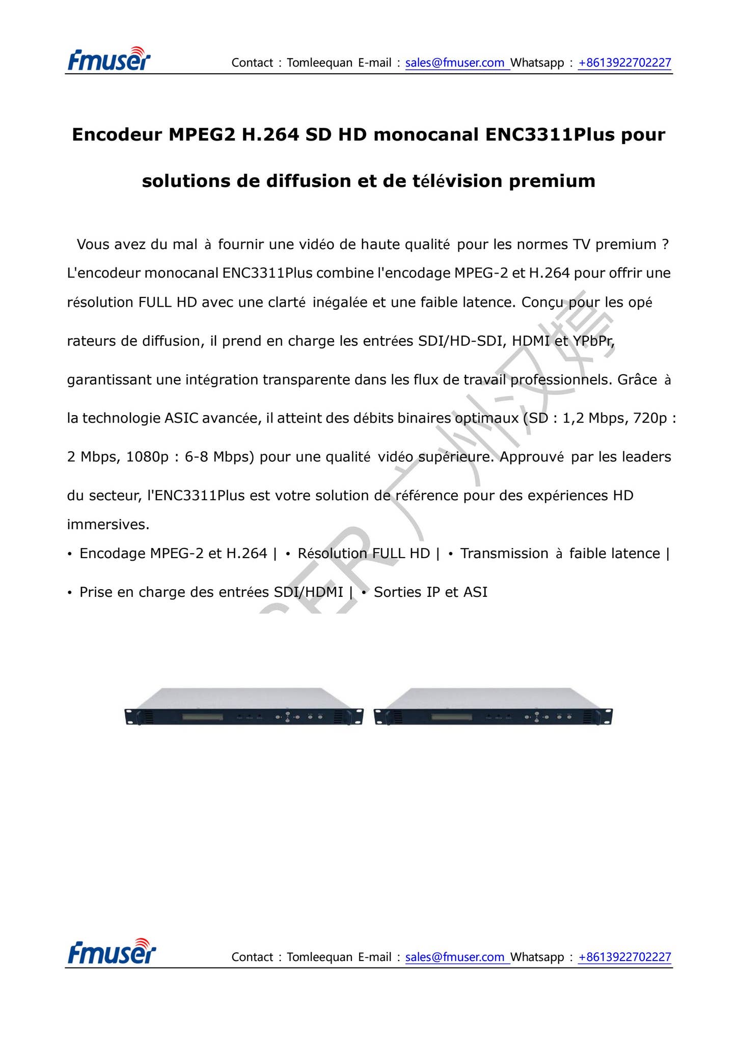 Encodeur monocanal MPEG2 H.264 SD HD ENC3311Plus, vente en gros, pour solutions de diffusion et ...