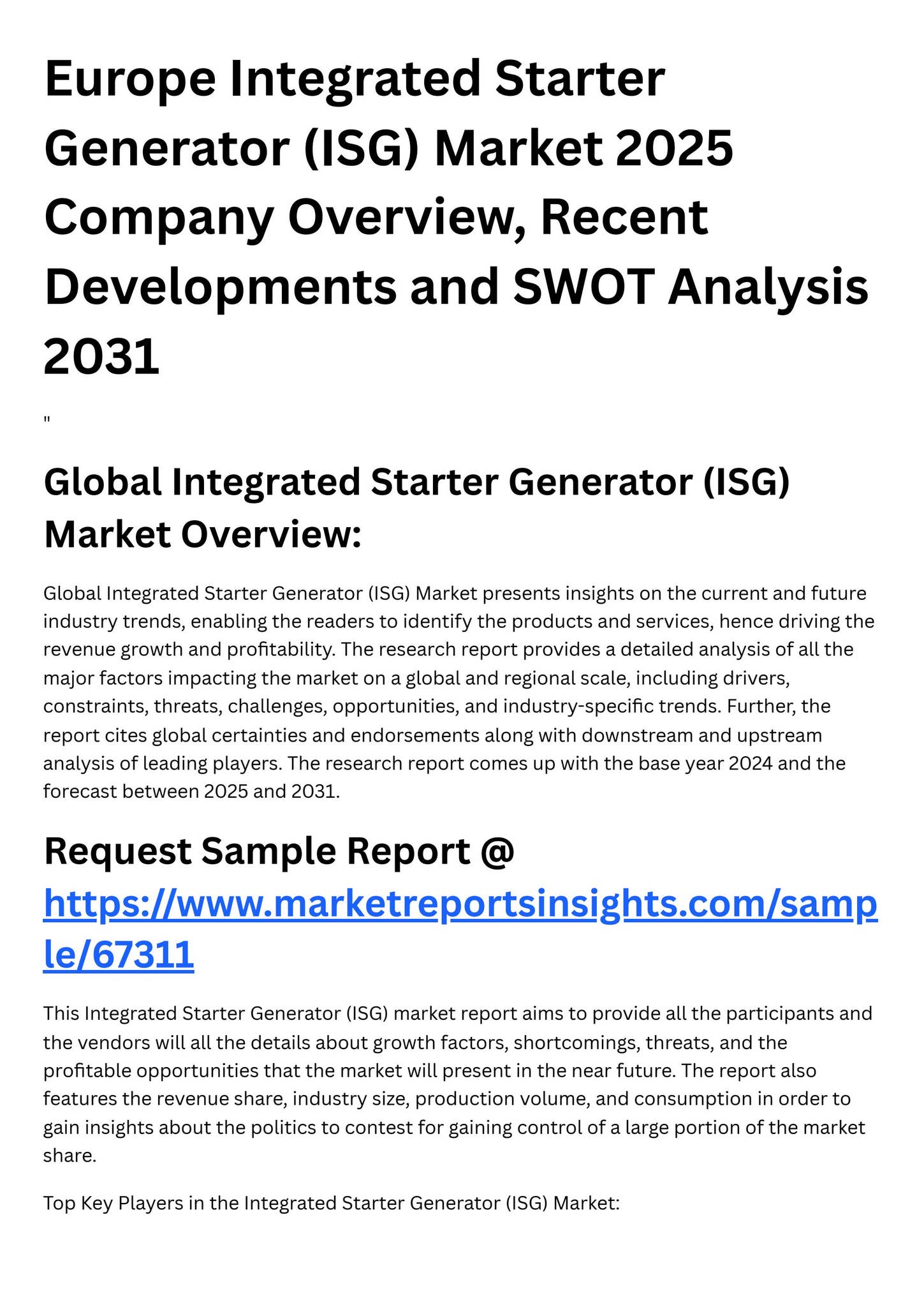 Europe Integrated Starter Generator (ISG) Market 2025 Company Overview ...