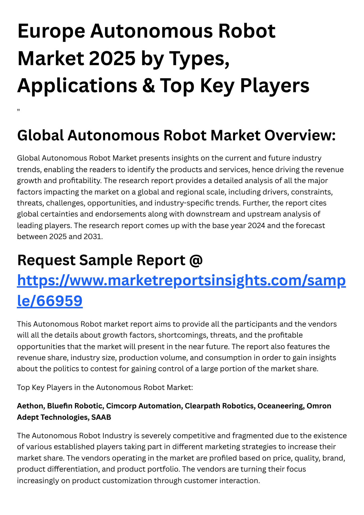 Europe Autonomous Robot Market 2025 by Types, Applications & Top Key ...