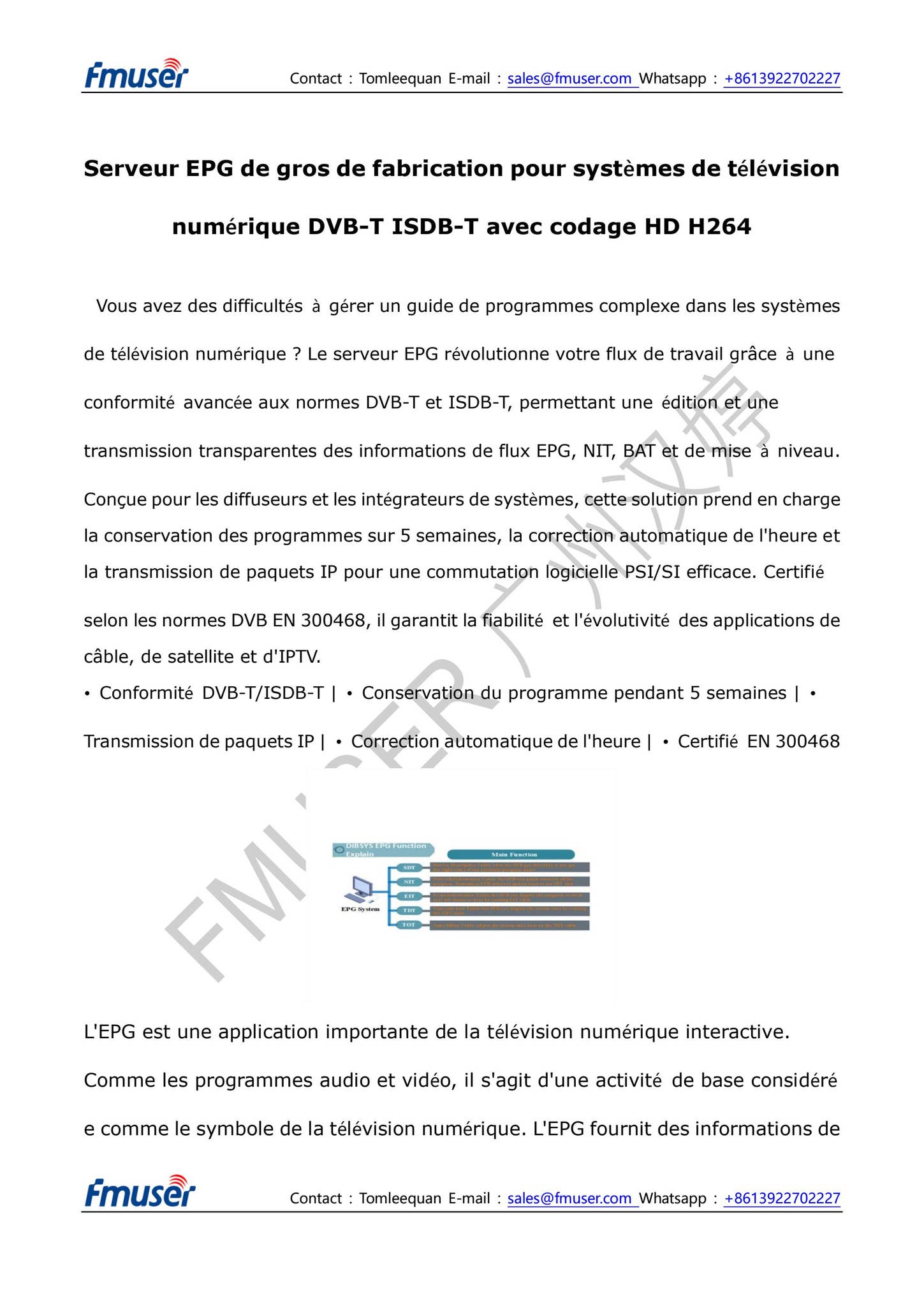 Serveur EPG de gros pour systèmes de télévision numérique DVB-T ISDB-T ...