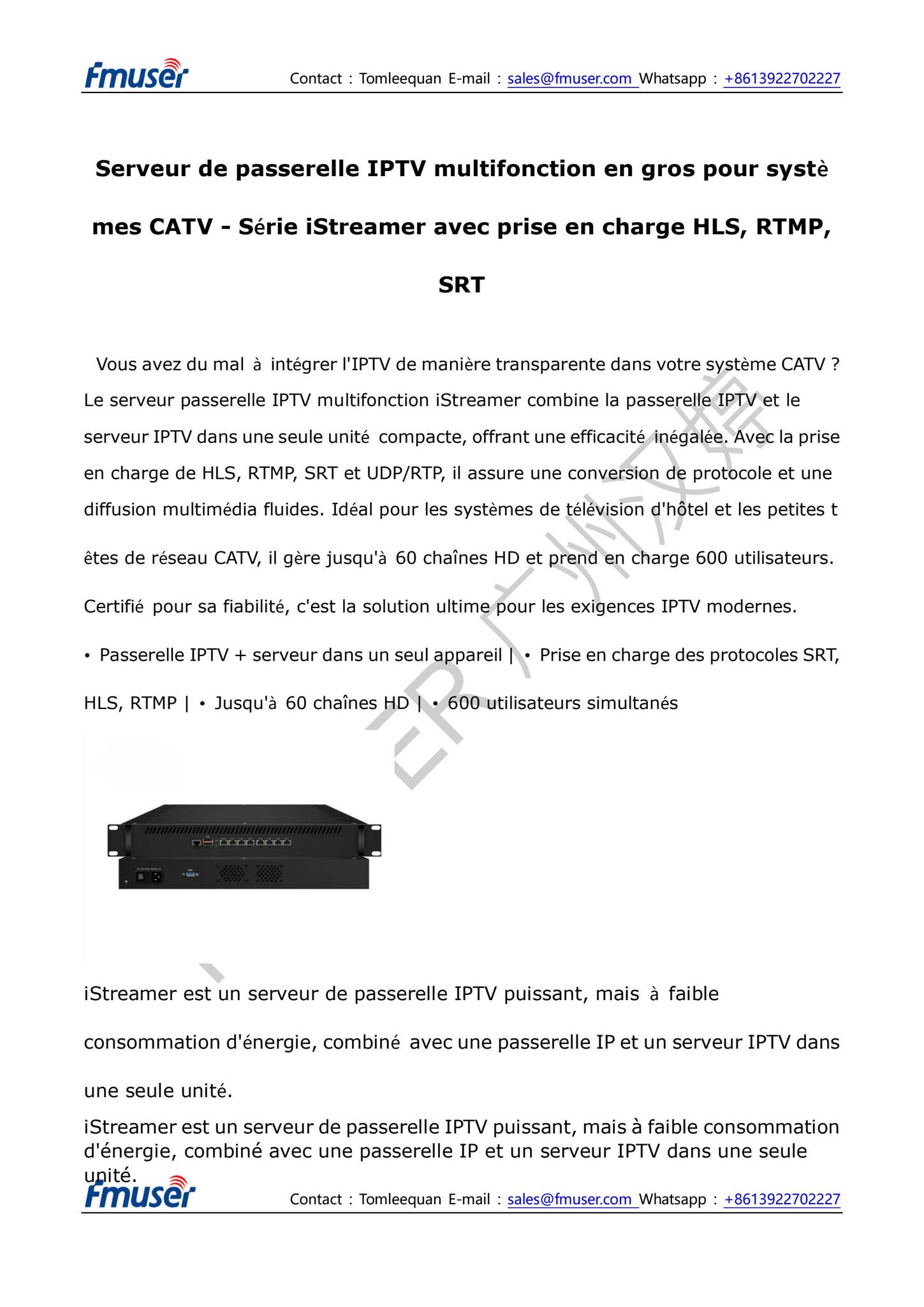 Serveur passerelle IPTV multifonction pour systèmes CATV (série ...