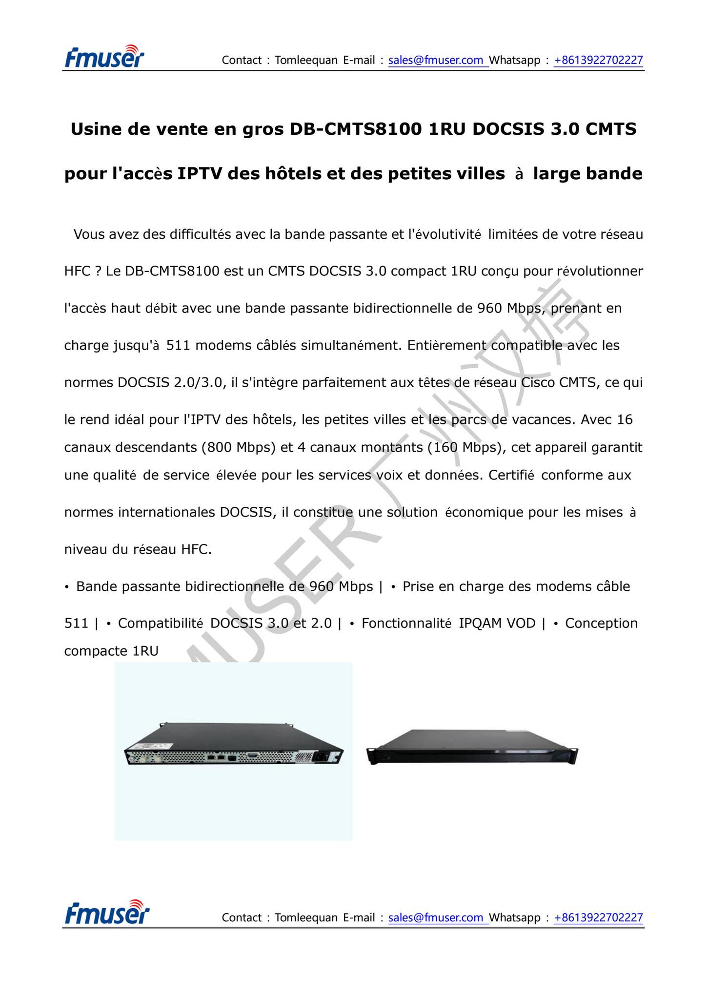 Fabricant en gros DB-CMTS8100 1RU DOCSIS 3.0 CMTS pour IPTV hôtelière ...