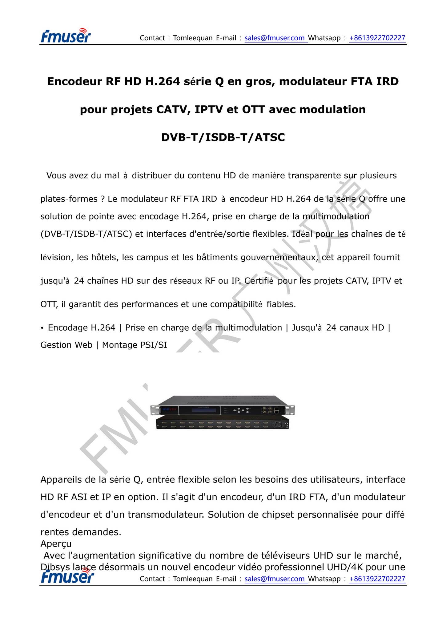 Encodeur RF HD H.264 série Q, modulateur FTA IRD pour projets CATV, IPTV et OTT avec modulation ...