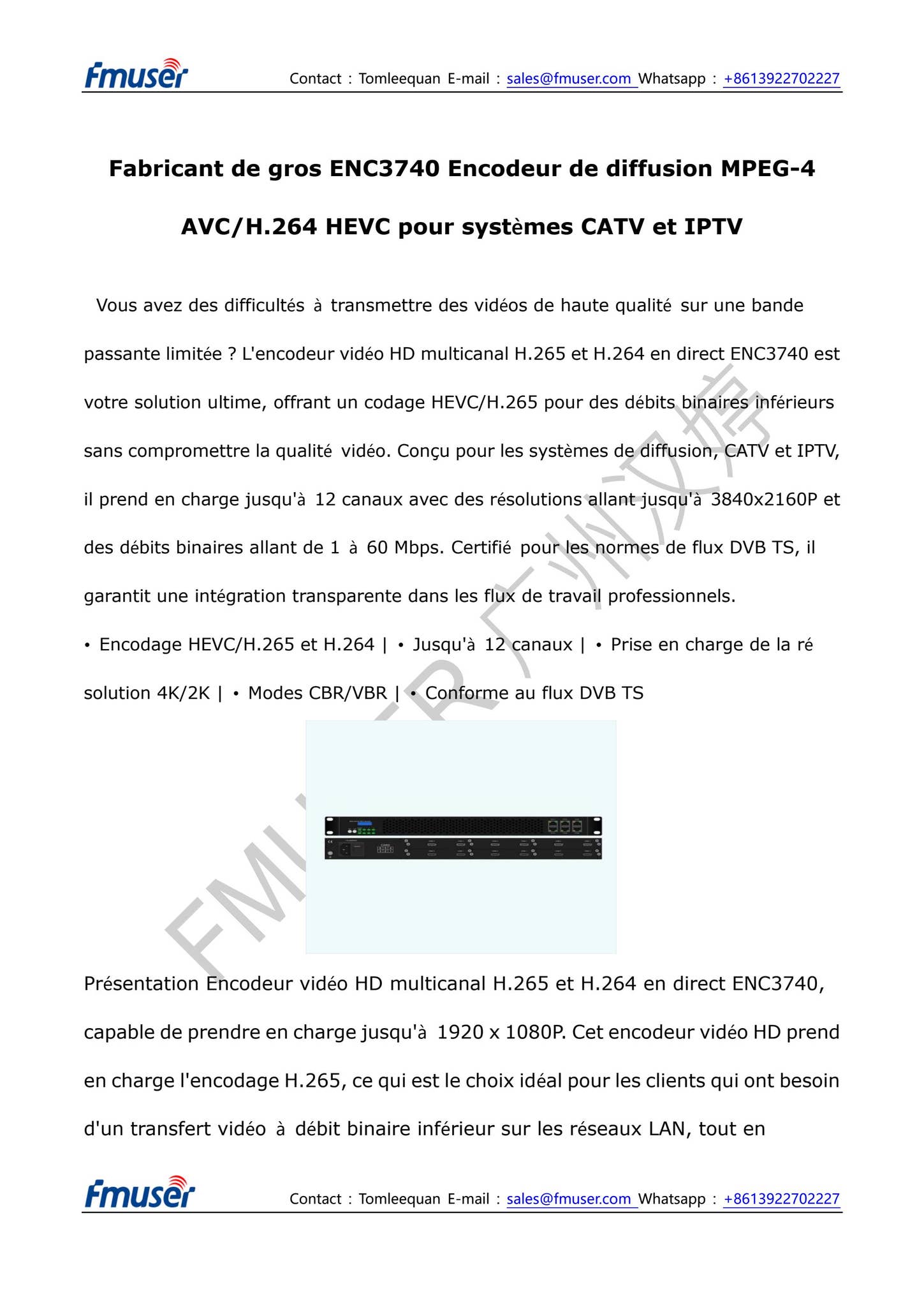 Encodeur de diffusion MPEG-4 AVC/H.264 HEVC ENC3740 pour systèmes CATV et IPTV by FMUSER ...