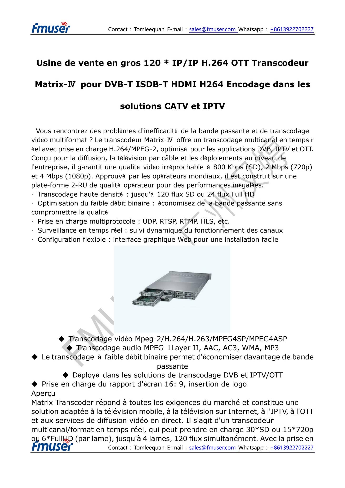 Matrice de transcodeur OTT IP/IP H.264 120 canaux - Ⅳ pour codage DVB-T ...