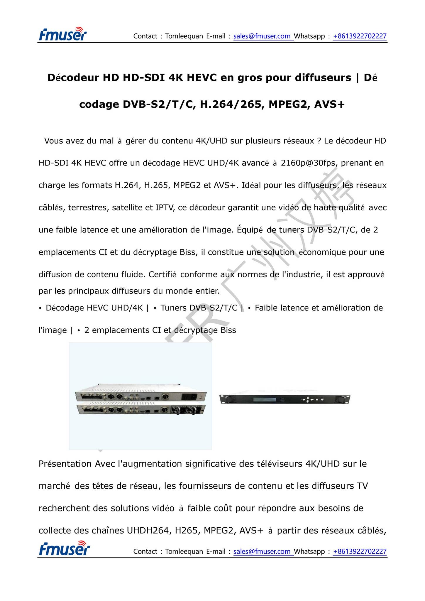 Décodeur HD-SDI 4K HEVC pour diffuseurs | Décodage DVB-S2/T/C, H.264/265, MPEG2, AVS+ by FMUSER ...