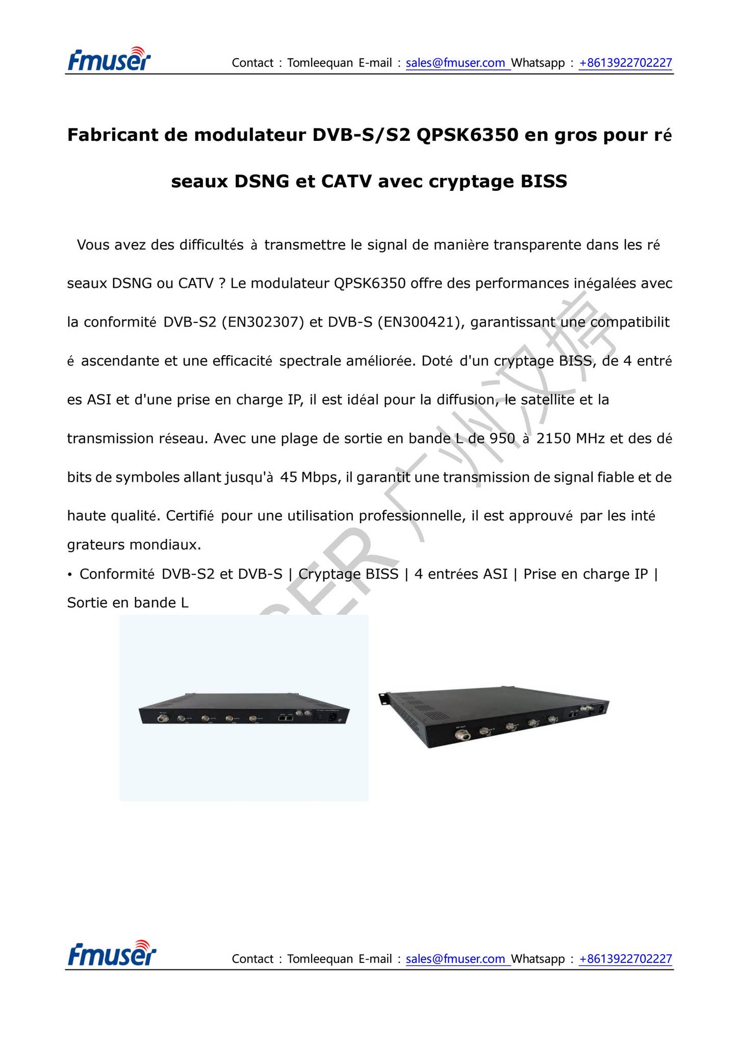 Modulateur DVB-S/S2 QPSK6350 de gros pour réseaux DSNG et CATV avec cryptage BISS by FMUSER ...