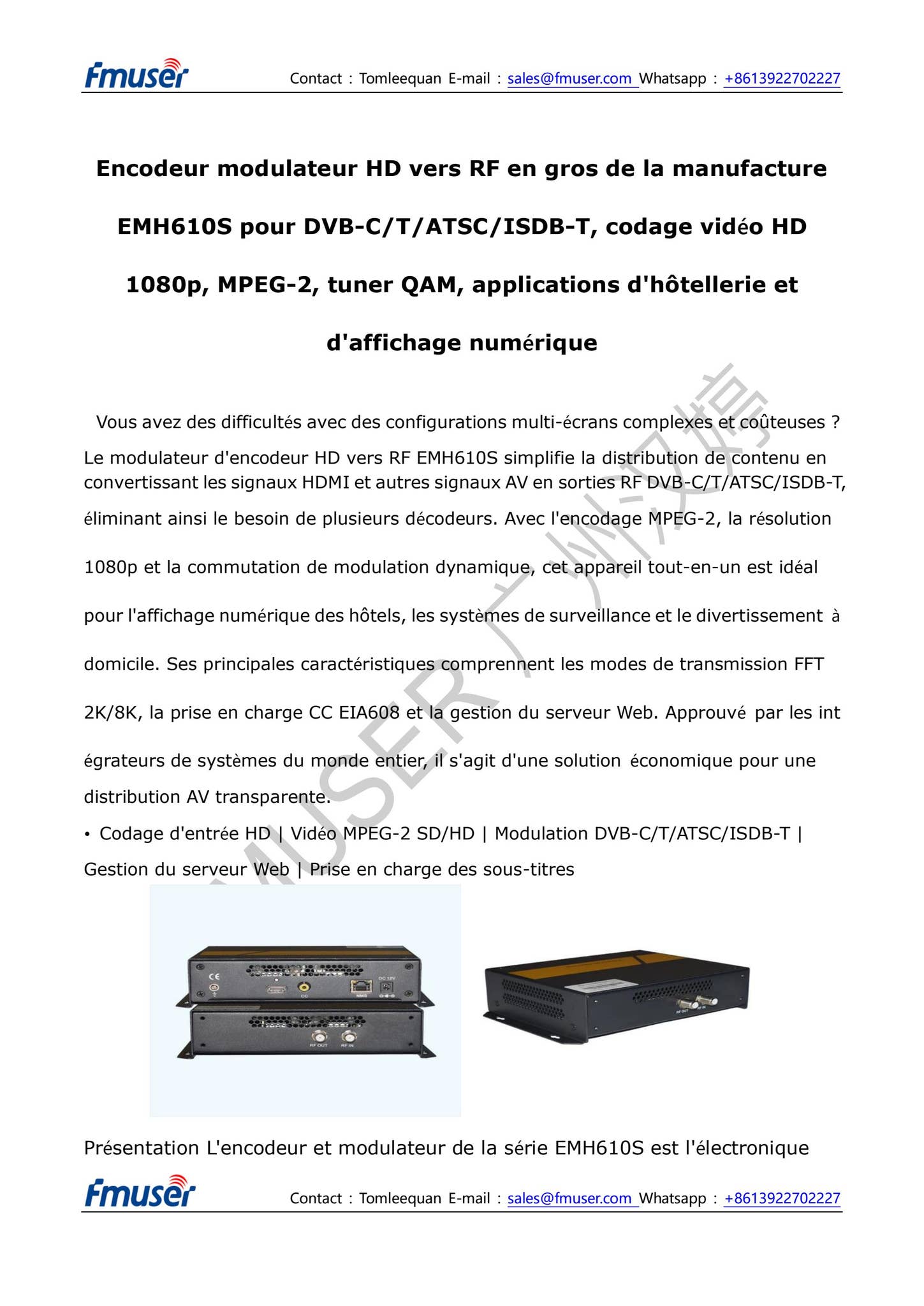 Encodeur modulateur HD vers RF EMH610S, vente en gros, pour DVB-C/T/ATSC/ISDB-T, codage vidéo HD ...