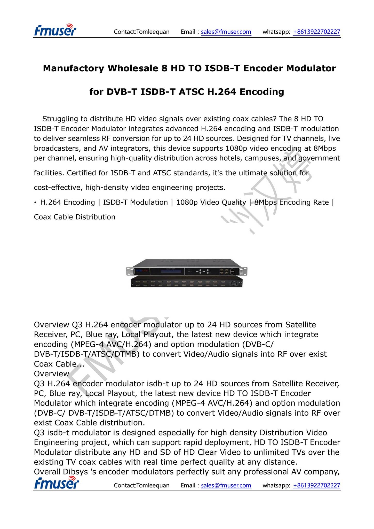 Manufactory Wholesale 8 HD TO ISDB-T Encoder Modulator for DVB-T ISDB-T ...