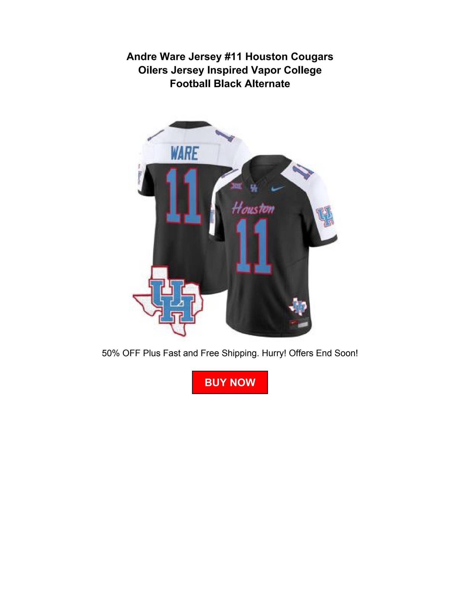 Andre Ware Jersey #11 Houston Cougars Oilers Jersey Inspired Vapor ...