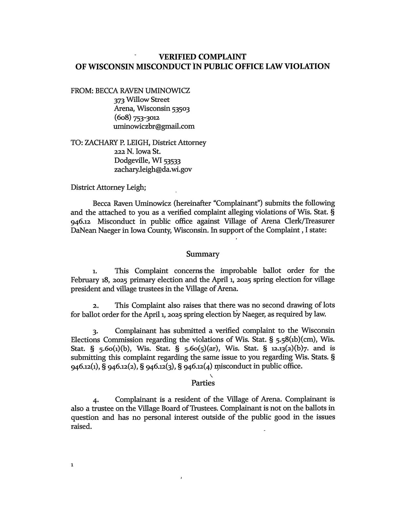 VERIFIED COMPLAINT OF WISCONSIN MISCONDUCT IN PUBLIC OFFICE LAW ...