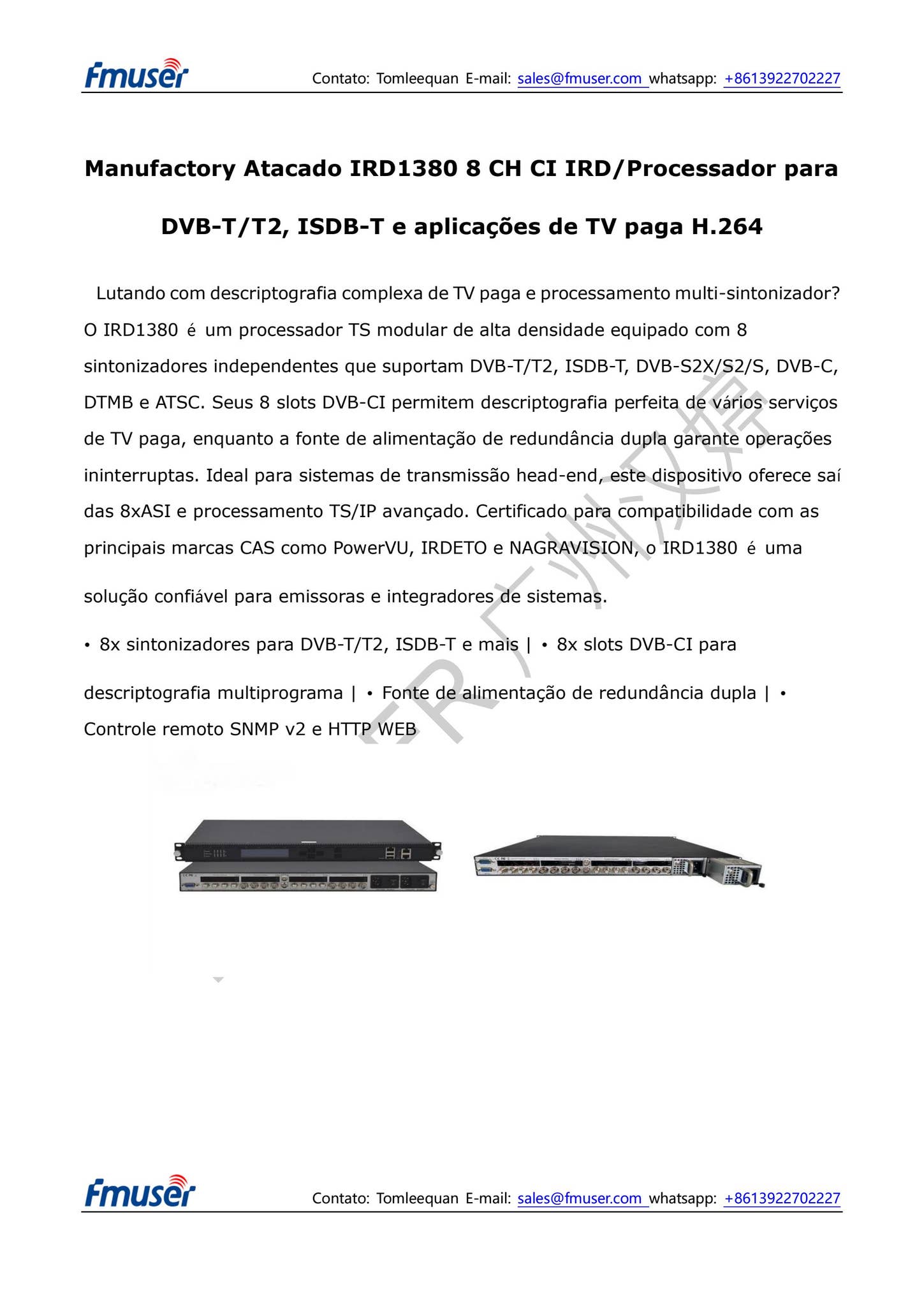 Manufactory Atacado IRD1380 8 CH CI IRD/Processador para DVB-T/T2, ISDB ...