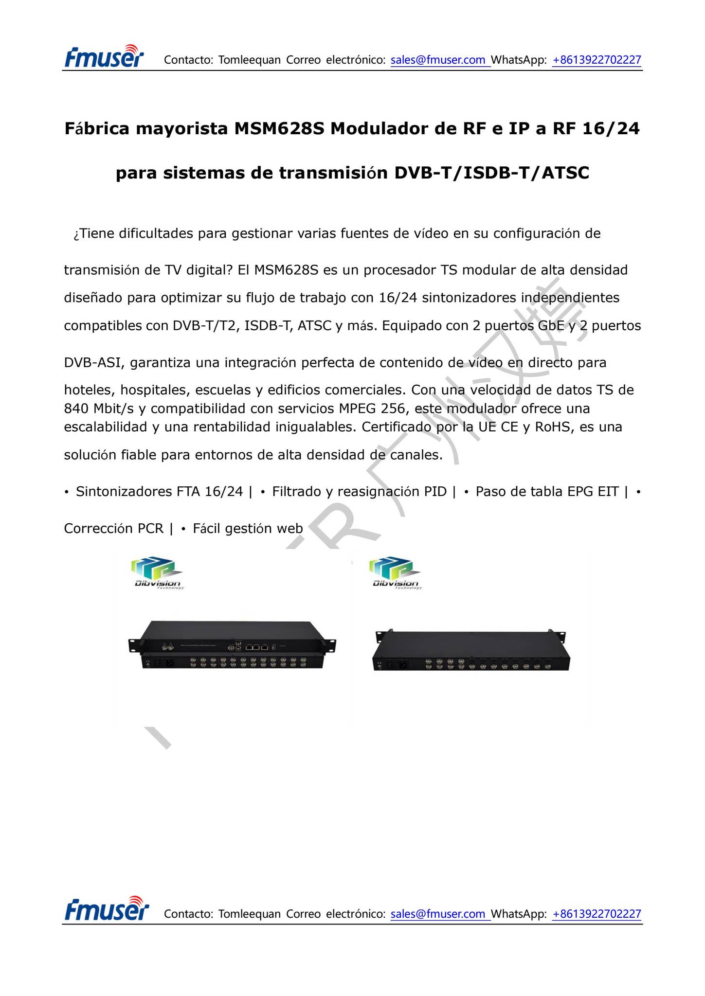 Modulador de RF e IP a RF MSM628S 16/24 para sistemas de transmisión ...