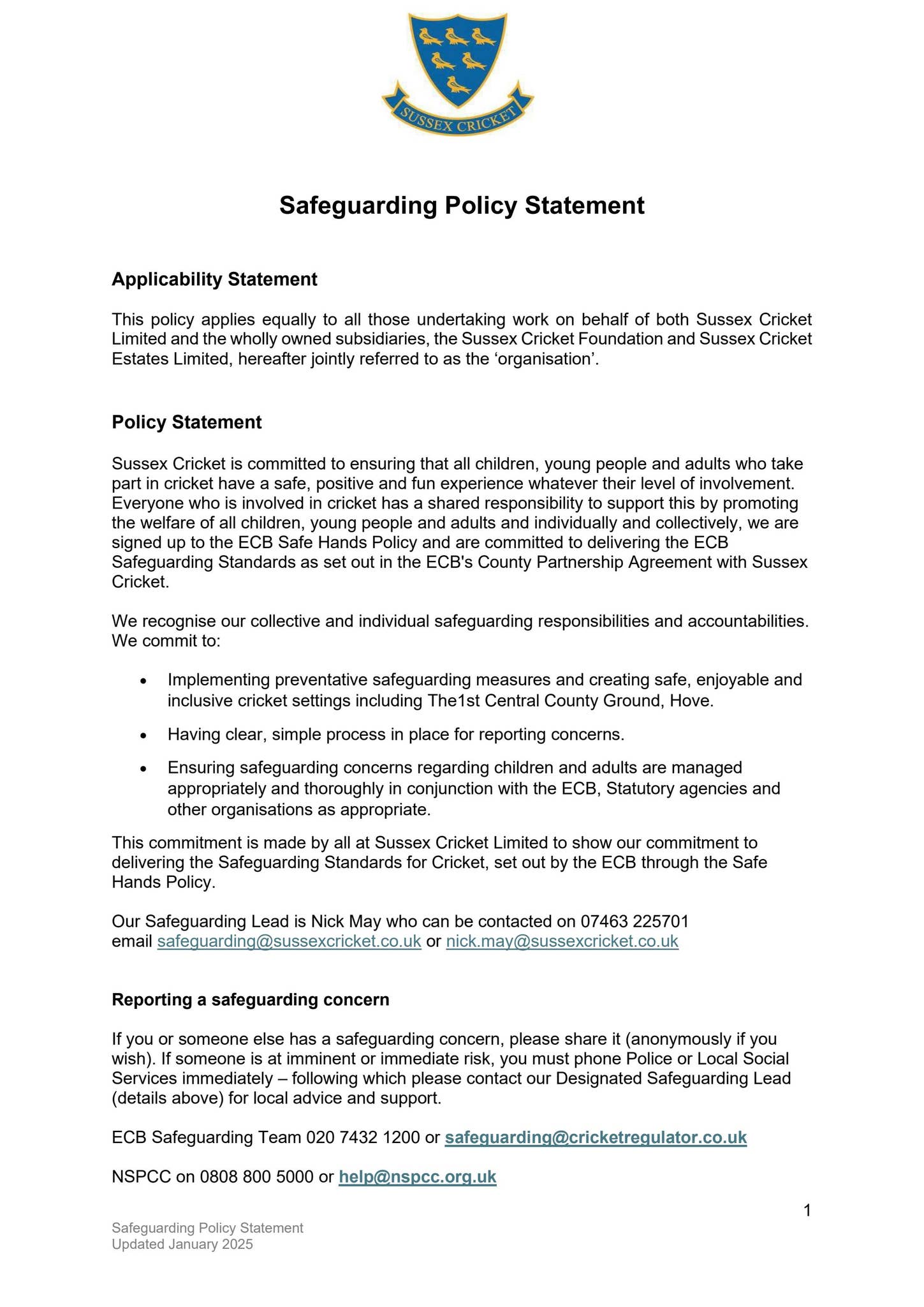 Safeguarding Policy Statement 2025 by Sussex Cricket - Issuu