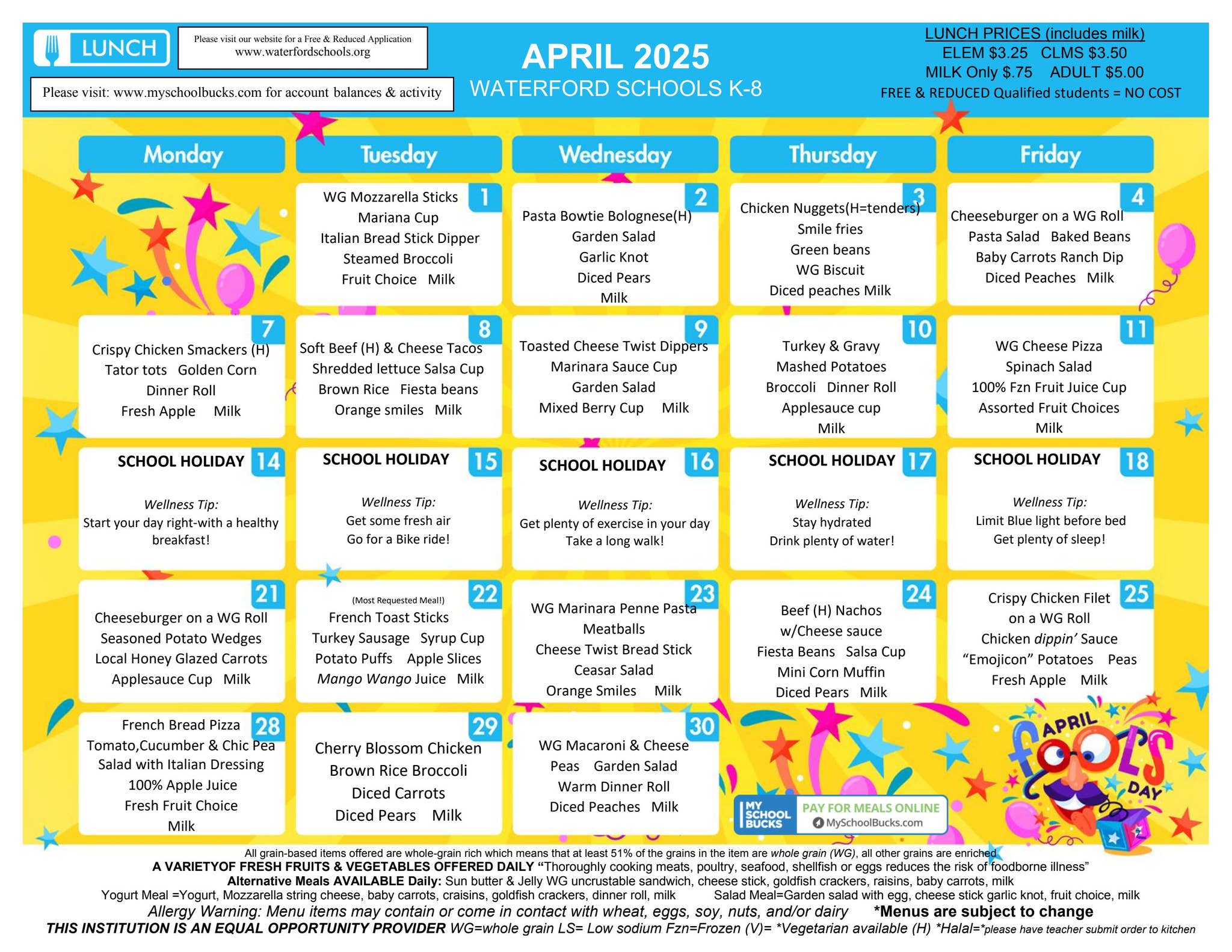 WPS Lunch Menu K-8 by Waterford Public Schools - Issuu