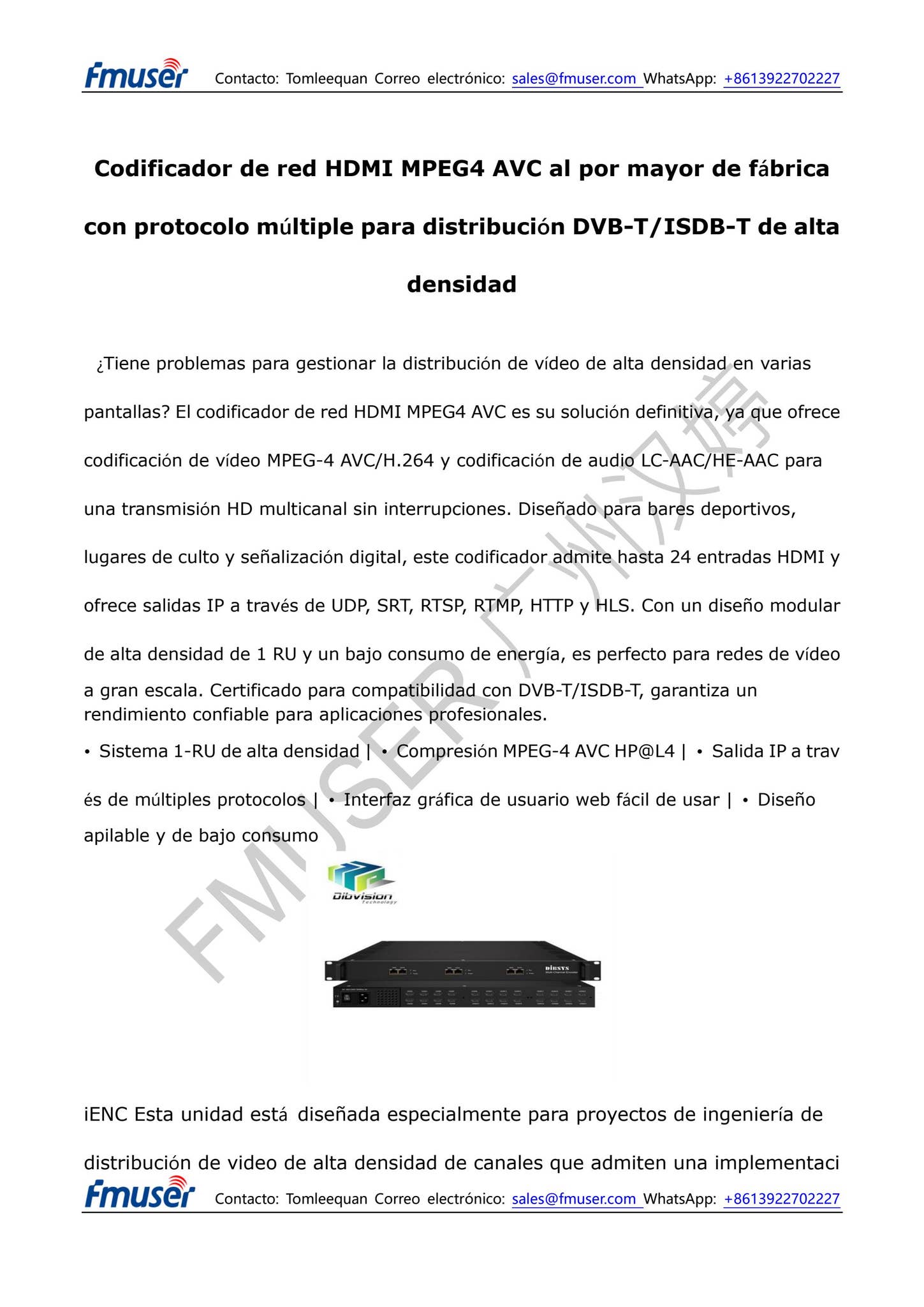 Codificador de red HDMI MPEG4 AVC multiprotocolo para distribución DVB ...