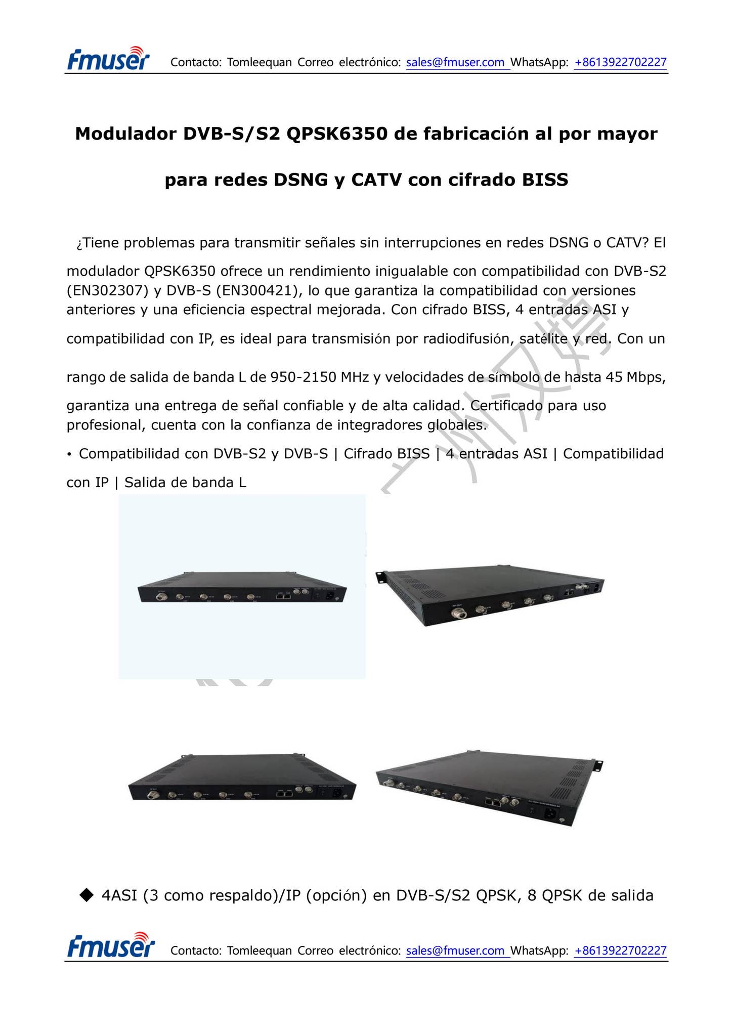Modulador DVB-S/S2 QPSK6350 de fábrica al por mayor para redes DSNG y ...