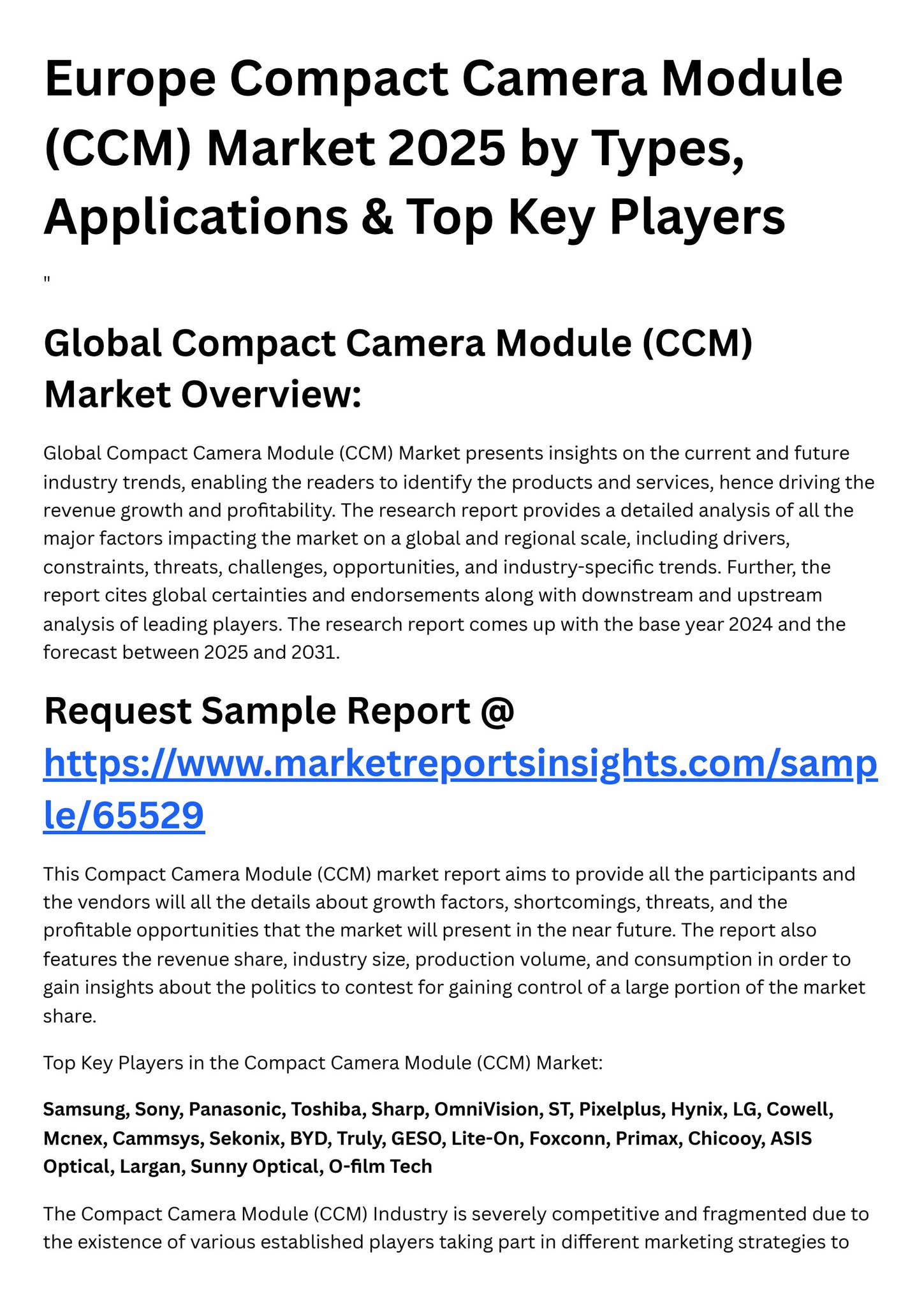 Europe Compact Camera Module (CCM) Market 2025 by Types, Applications ...