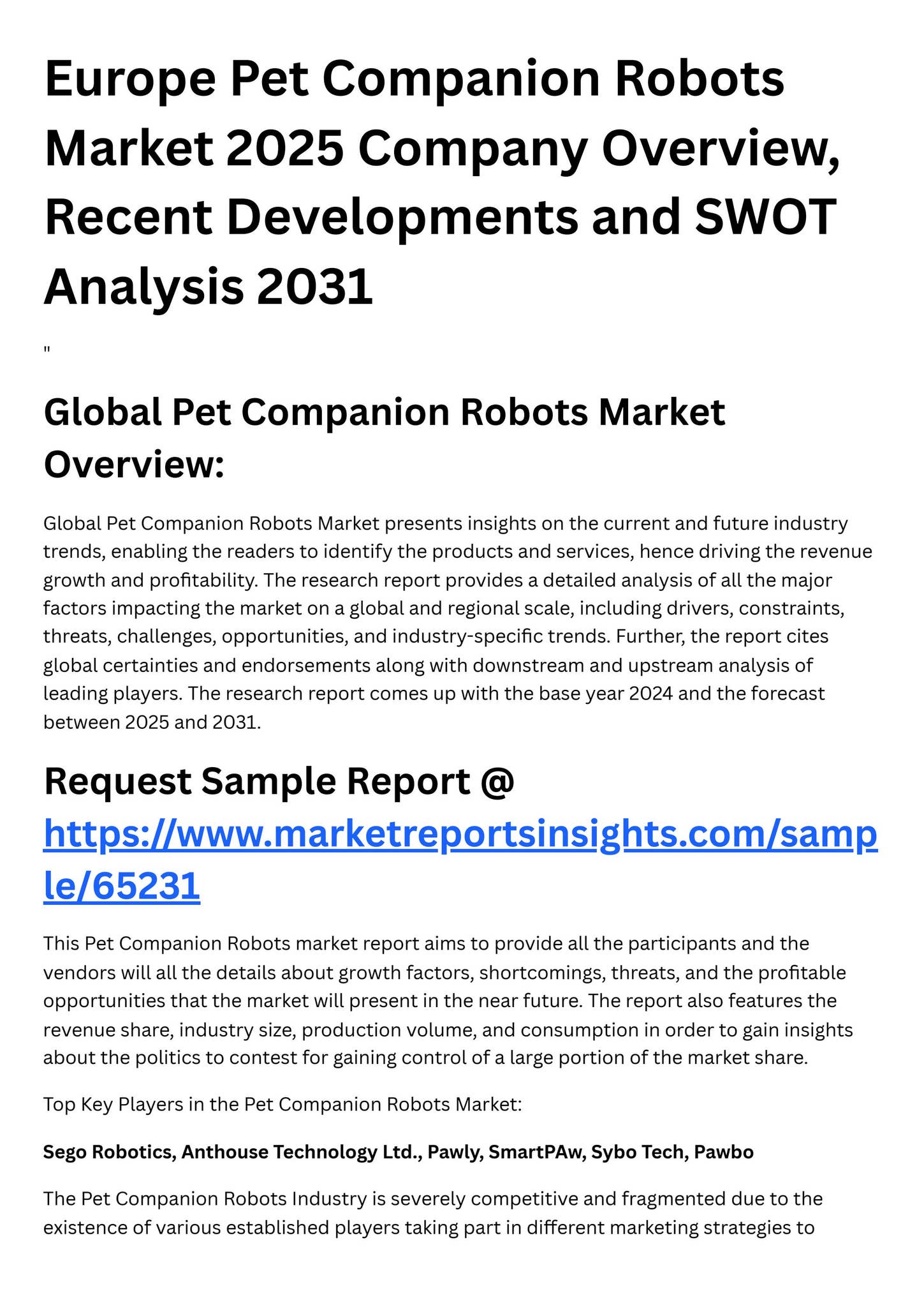 Europe Pet Companion Robots Market 2025 Company Overview, Recent ...