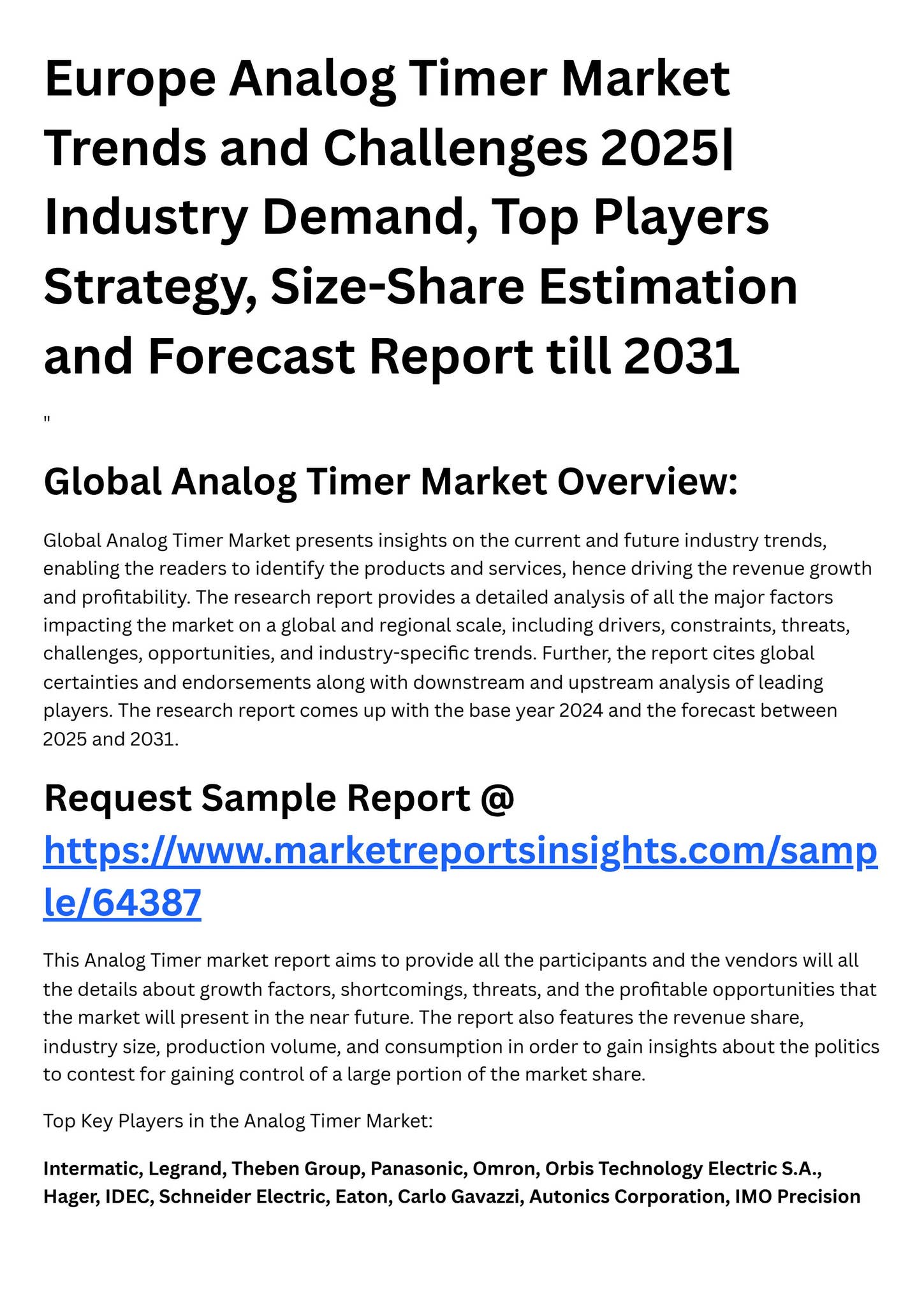 Europe Analog Timer Market Trends and Challenges 2025 Industry Demand ...