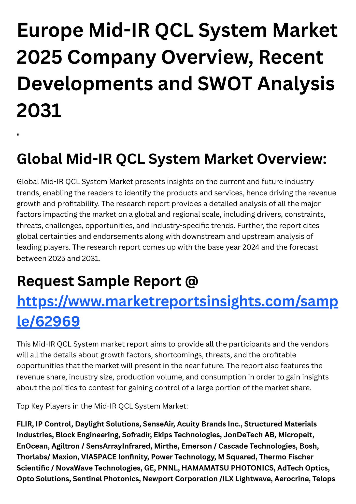 Europe Mid-IR QCL System Market 2025 Company Overview, Recent ...