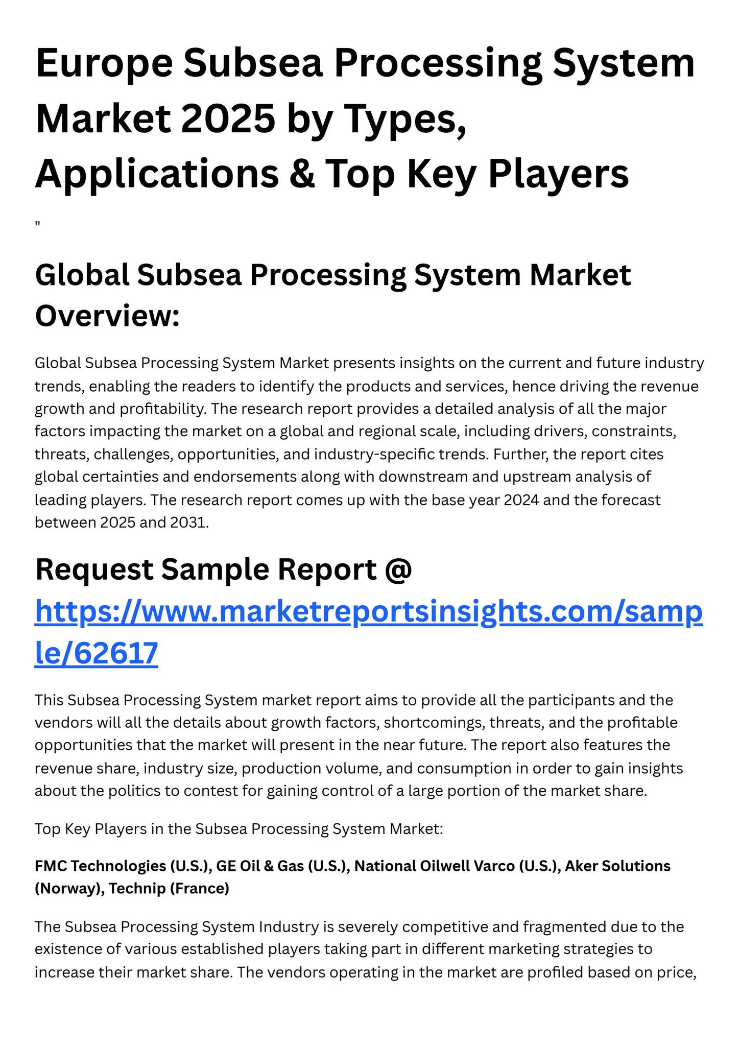 Europe Subsea Processing System Market 2025 by Types, Applications ...