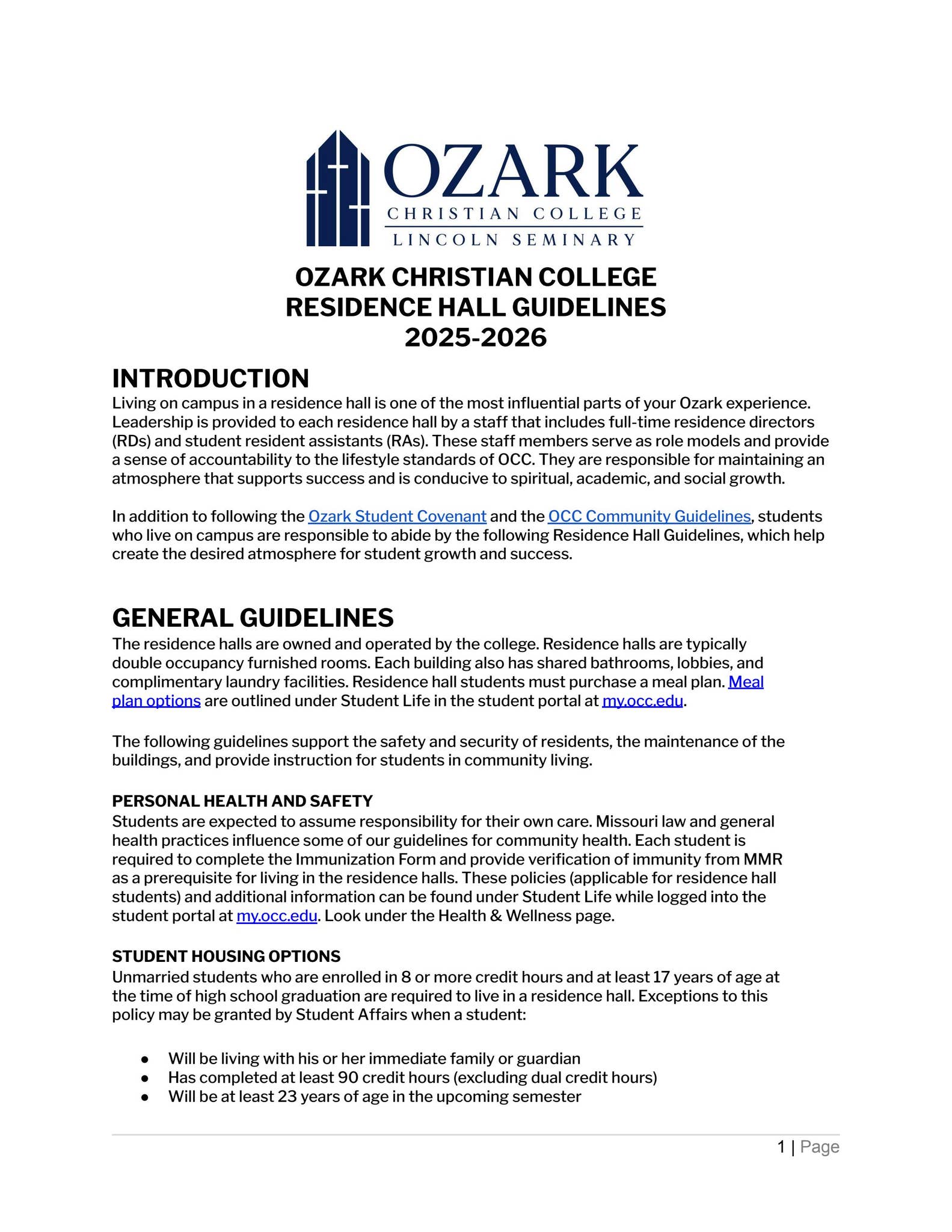 OCC 2025-2026 Residence Hall Guidelines by Ozark Christian College - Issuu