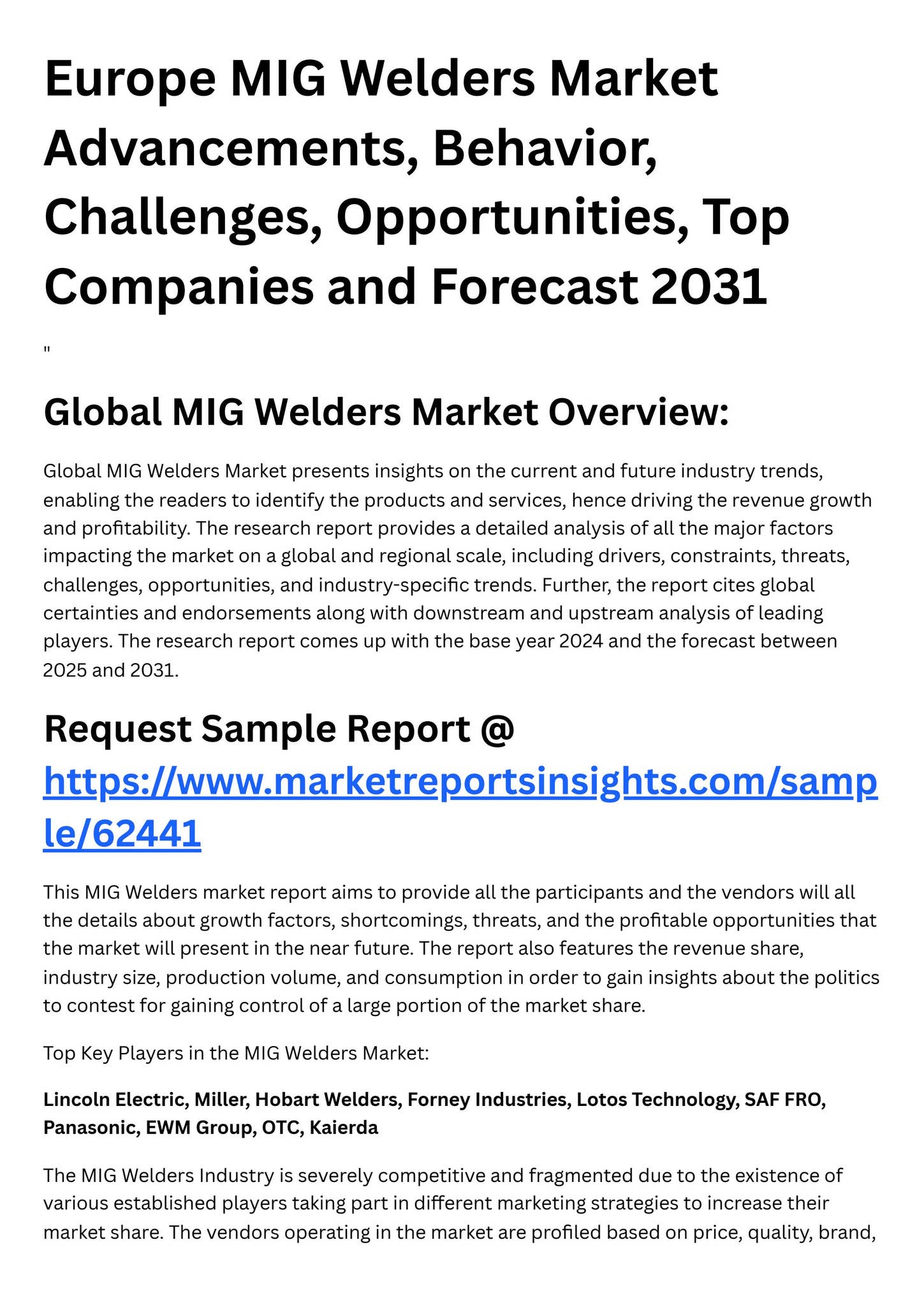Europe MIG Welders Market Advancements, Behavior, Challenges ...