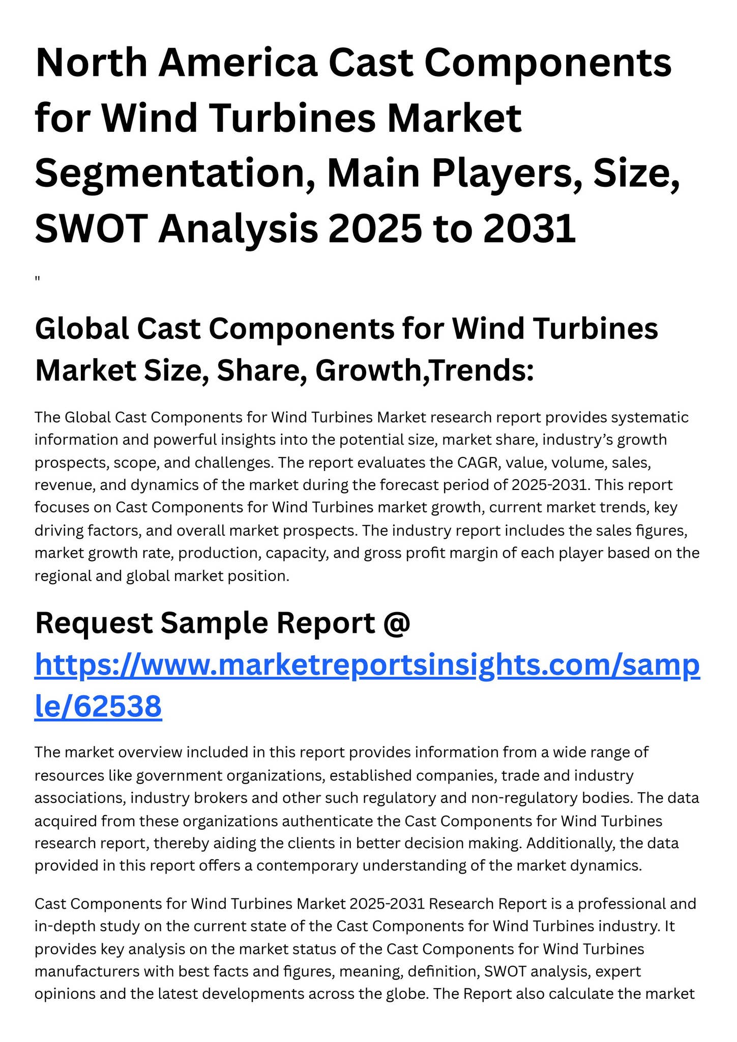North America Cast Components for Wind Turbines Market Segmentation ...