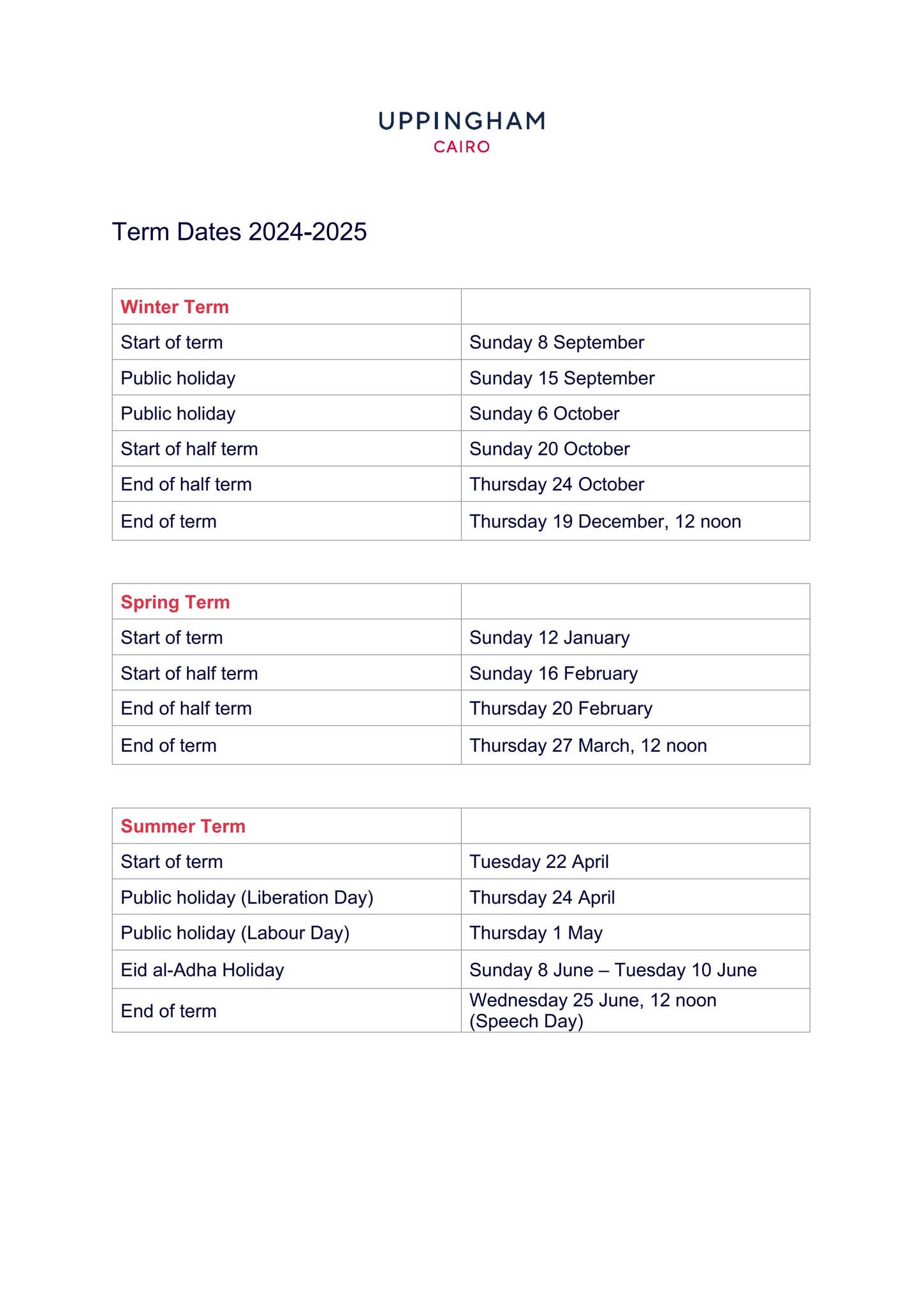 Uppingham Cairo Term Dates 2024-5 by Uppingham Cairo - Issuu